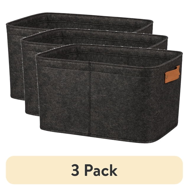 (3 pack) Mainstays Medium Gray Felt Decorative Storage Basket with Faux ...