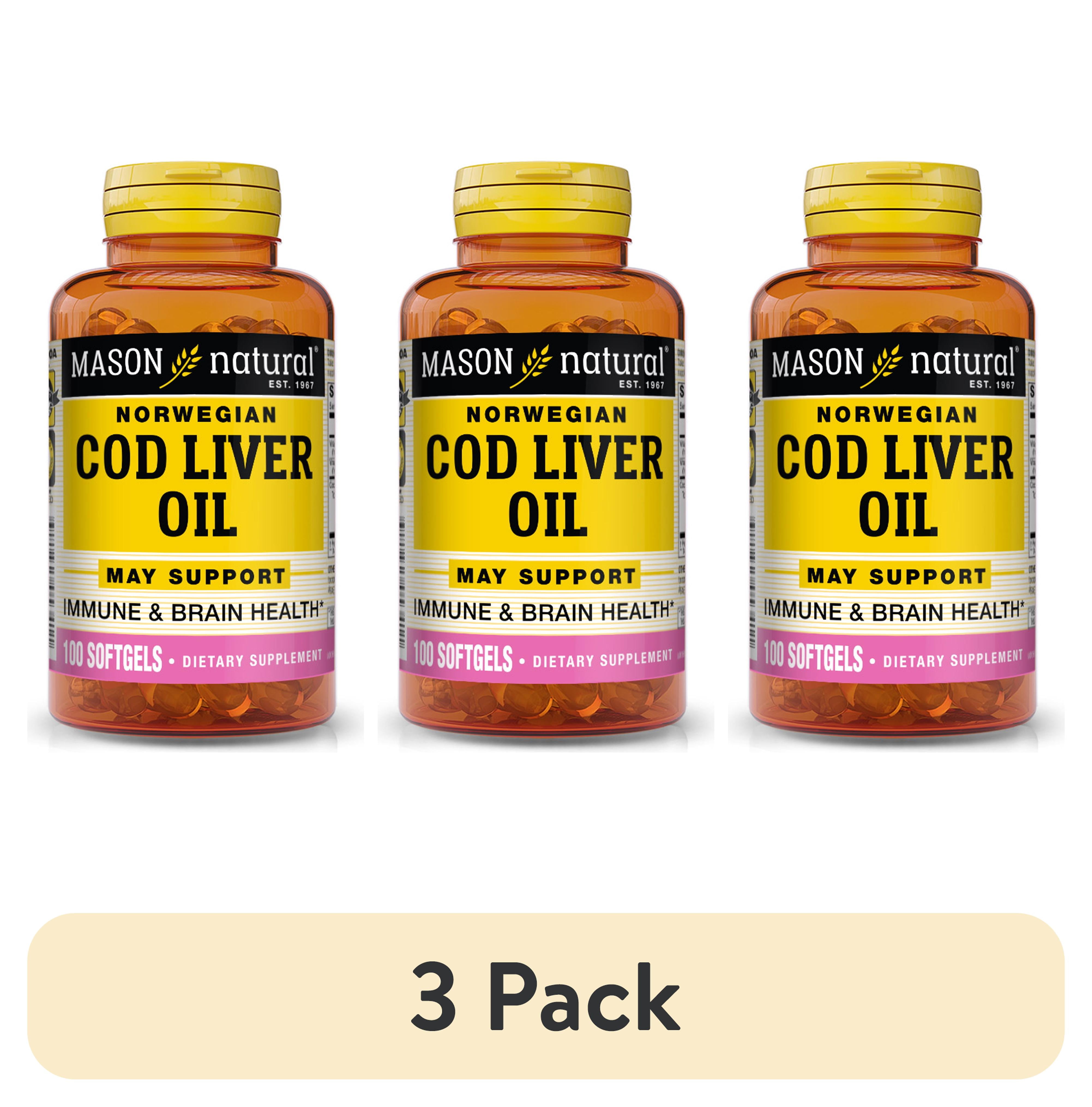 (3 pack) Mason Natural Norwegian Cod Liver Oil Plus Vitamin A & D3, 100 ...