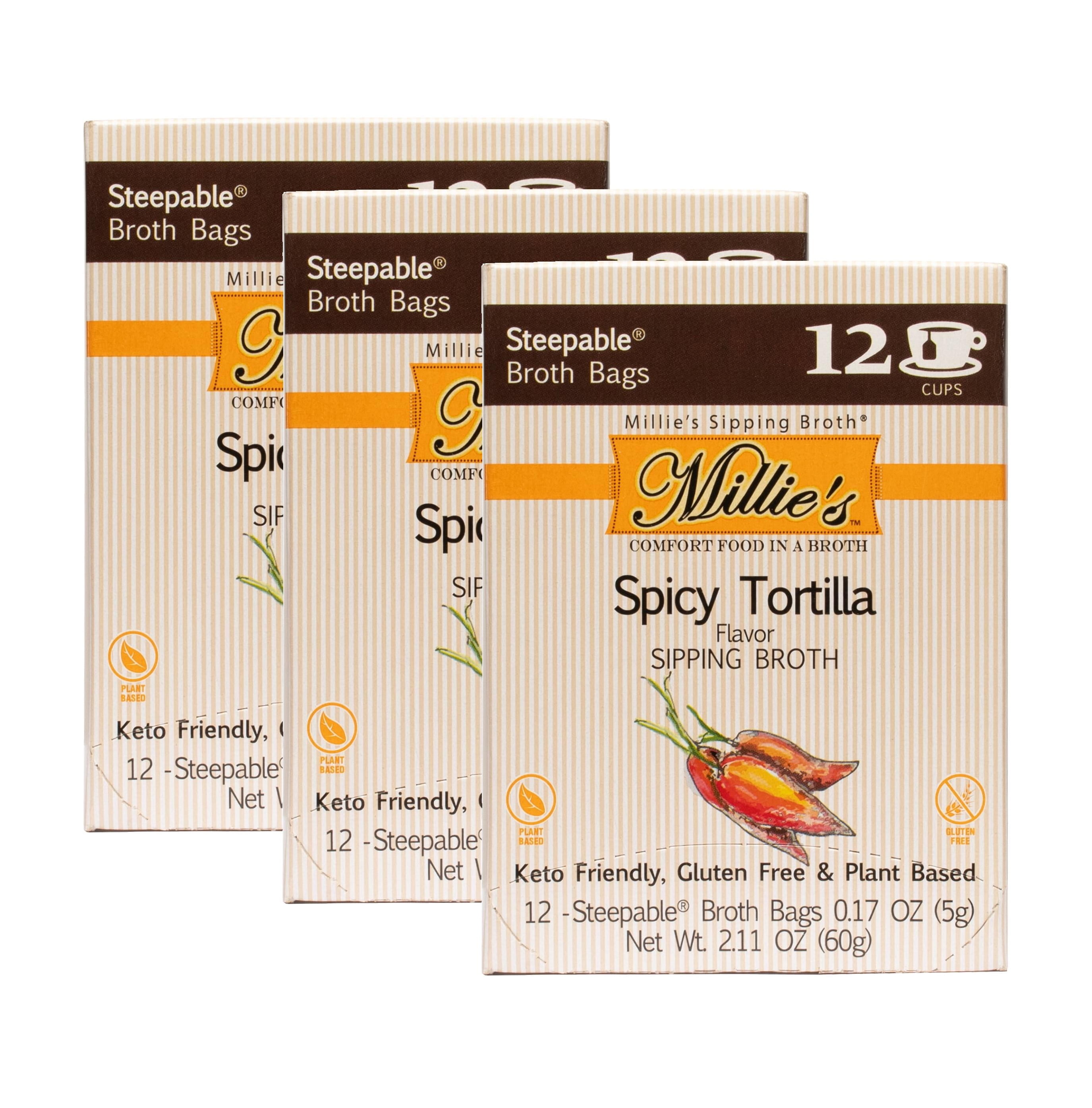 (3 pack) Millie's Sipping Broth, Steepable Broth Bags, Spicy Tortilla ...
