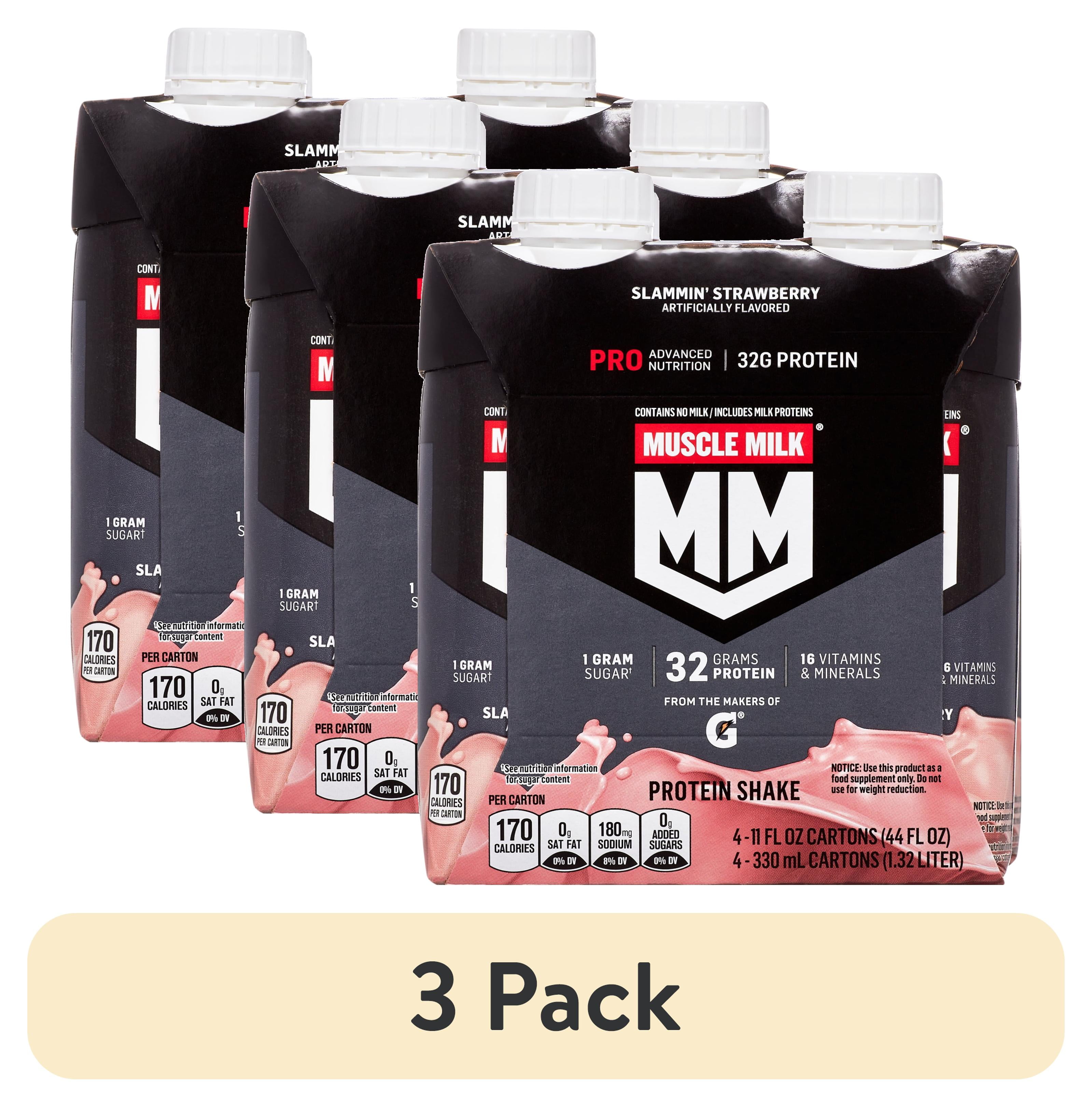 (3 pack) Muscle Milk Pro Protein Shake, Slammin' Strawberry, 11 fl oz ...
