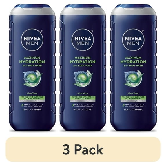 (3 pack) NIVEA MEN Maximum Hydration 3-in-1 Men's Body Wash for Dry Skin with Aloe Vera, 16.9 fl ...