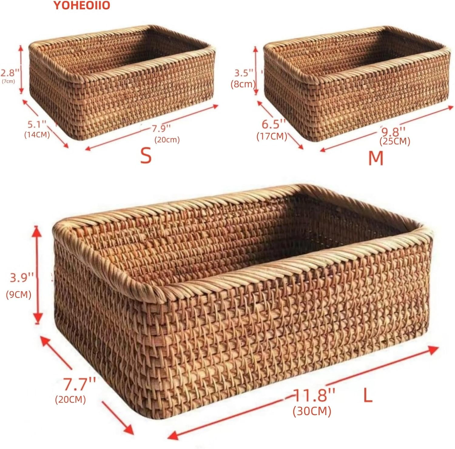 3-pack Natural Rattan Rectangular Braided Wicker Box, Fruit Basket ...