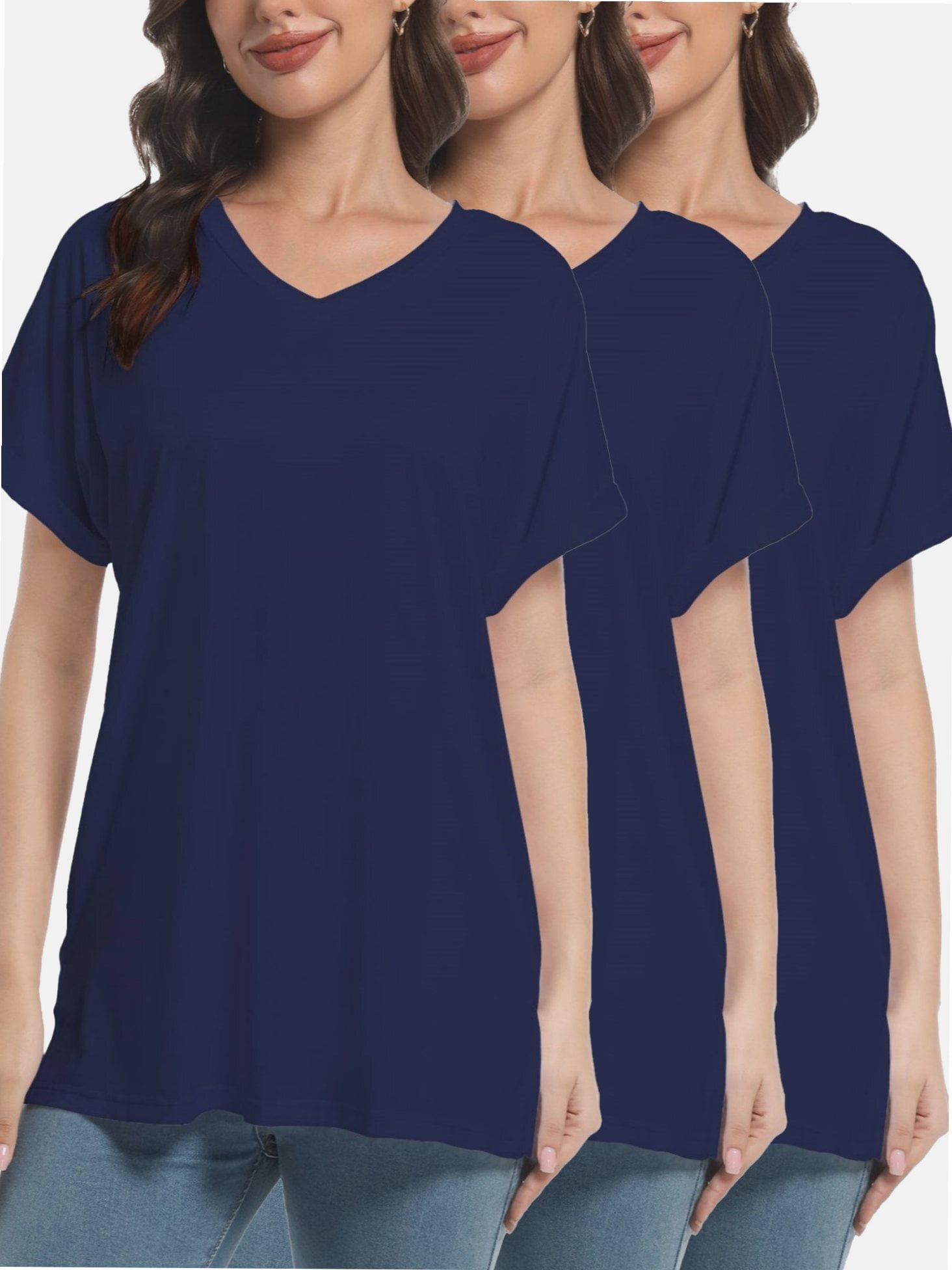 3-pack Navy Blue Women's Tshirts Casual V Neck Short Sleeve Loose Summer Tunic Tops - Walmart.com