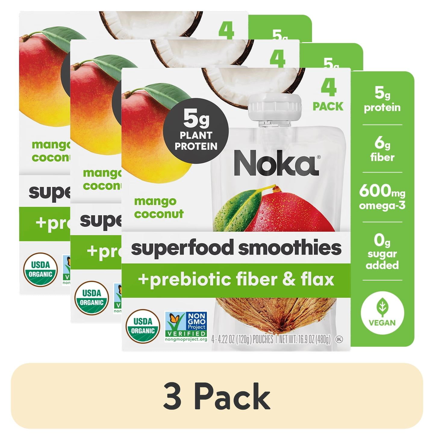 (3 pack) Noka Organic Mango Coconut Superfood Smoothie Pouches with ...