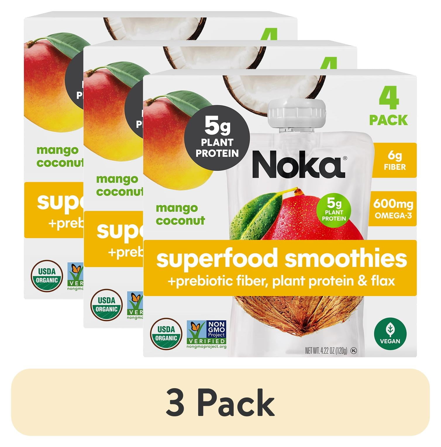 (3 pack) Noka Organic Superfood Smoothie Pouches, Plant Protein, Mango ...