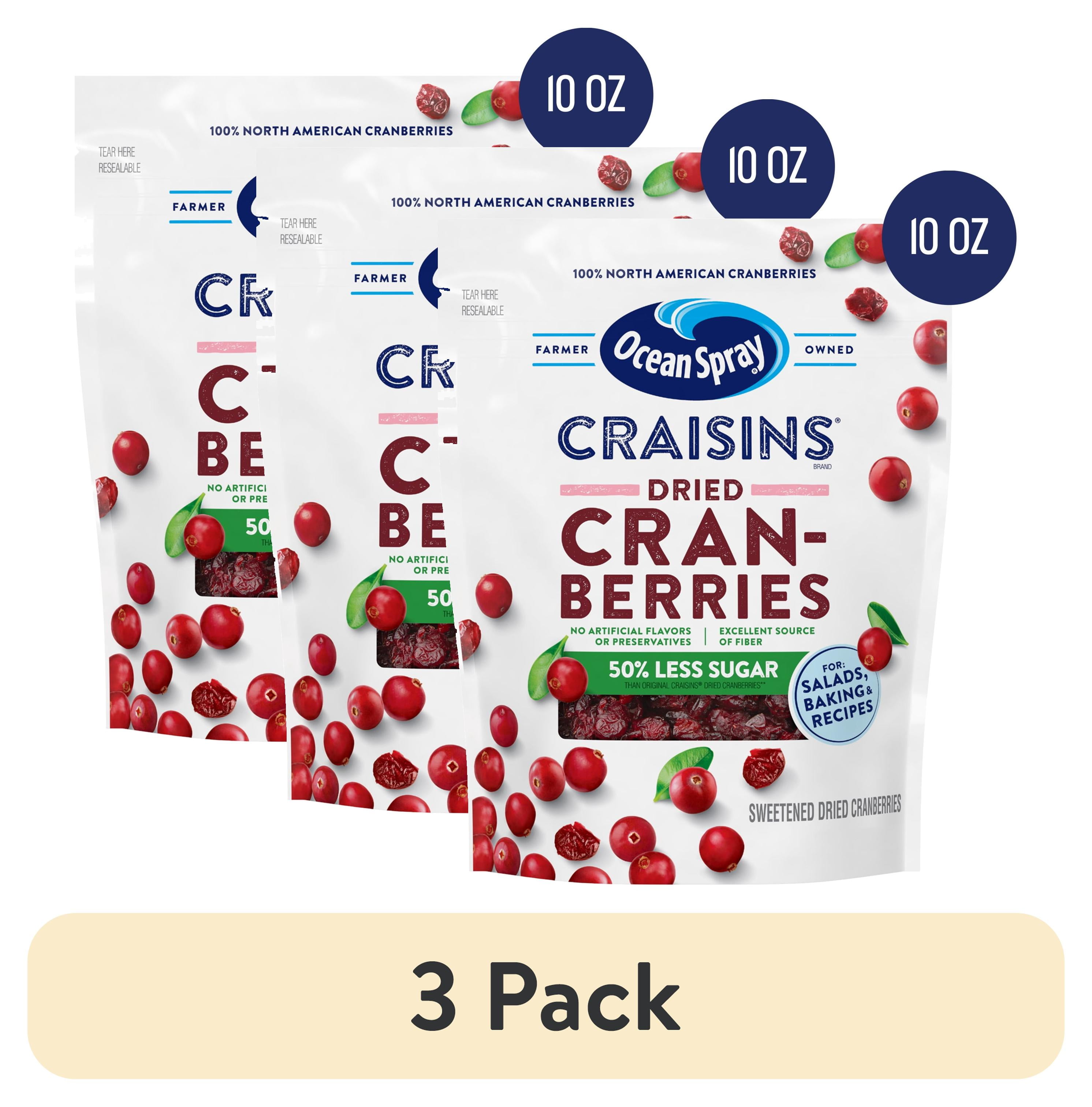(3 pack) Ocean Spray® Craisins®, 50% Less Sugar Dried Cranberries ...