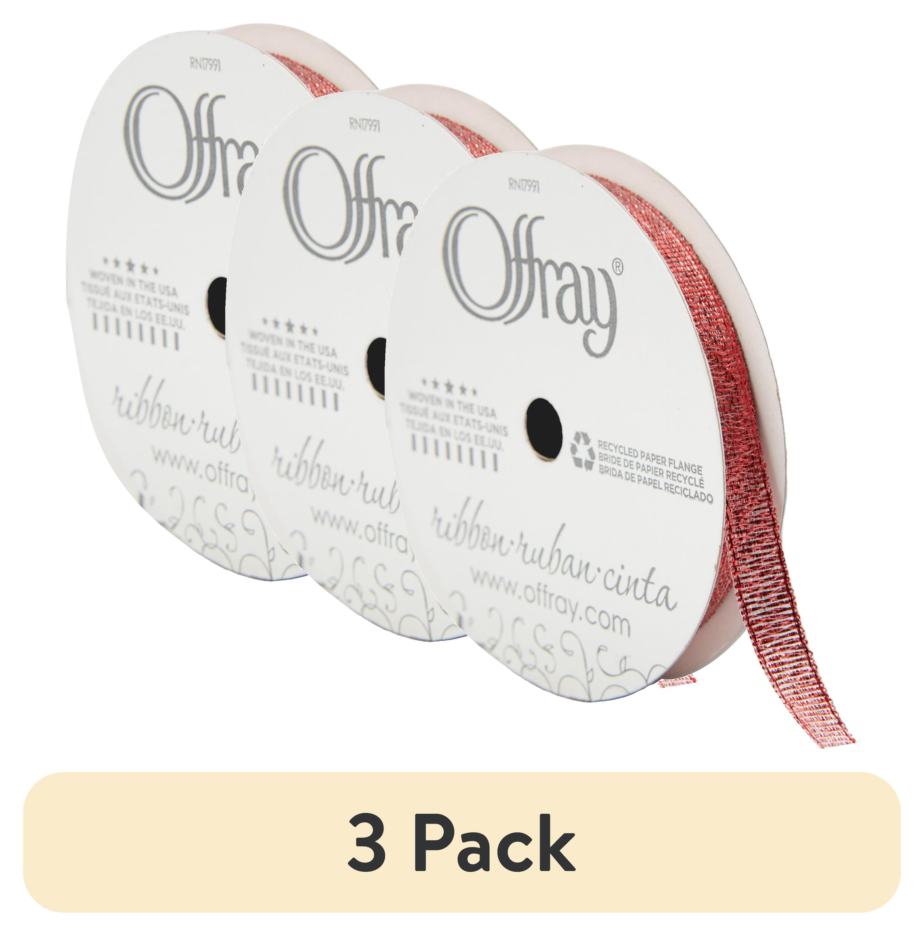 (3 pack) Offray Ribbon, Red 3/8 inch Galena Metallic Ribbon for Wedding ...