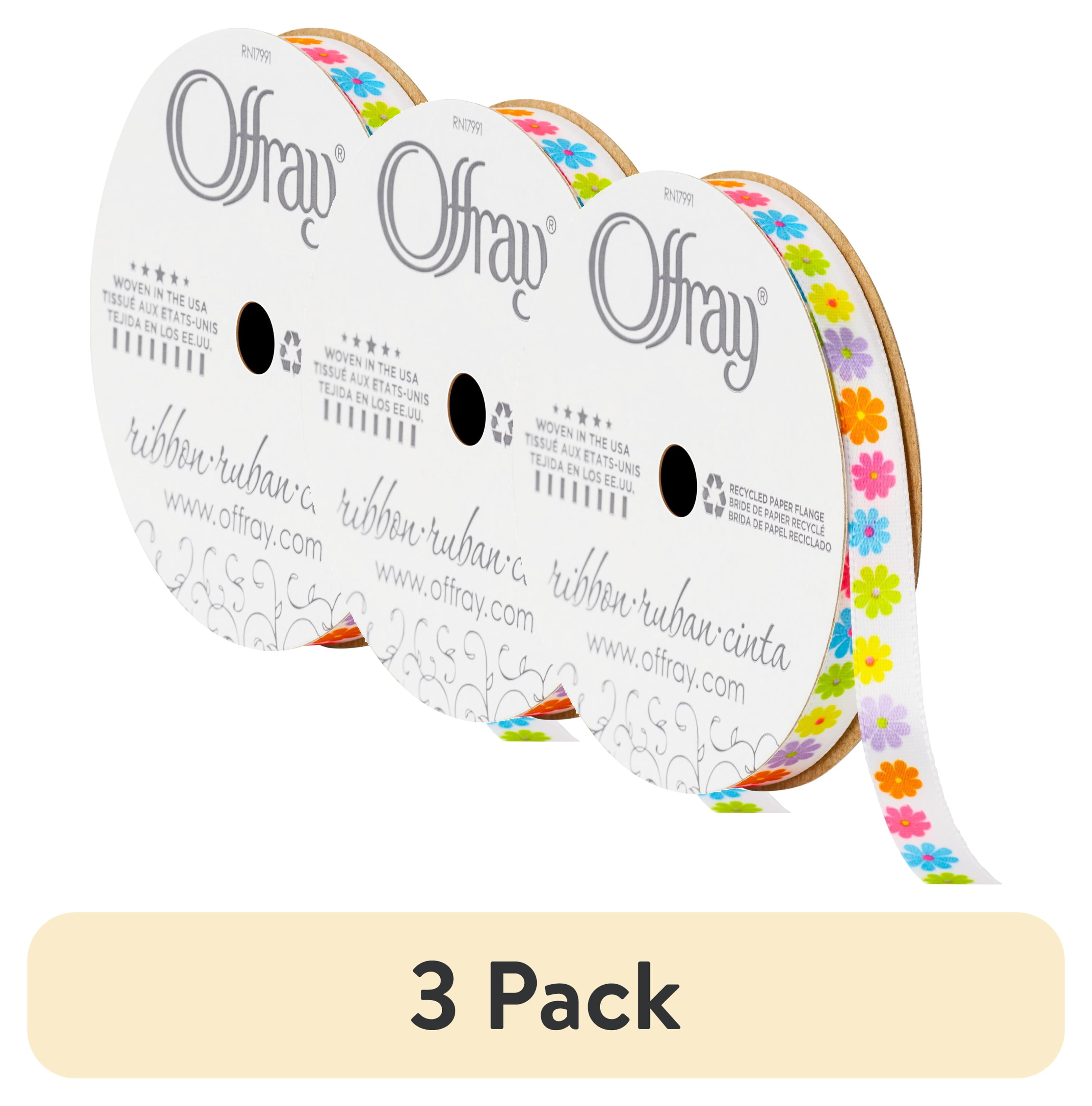 (3 pack) Offray Ribbon, White 3/8 inch Bright Flowers Satin Ribbon, 9 ...