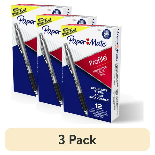 (3 pack) Paper Mate Profile Retractable Ballpoint Pens, Stainless Steel ...