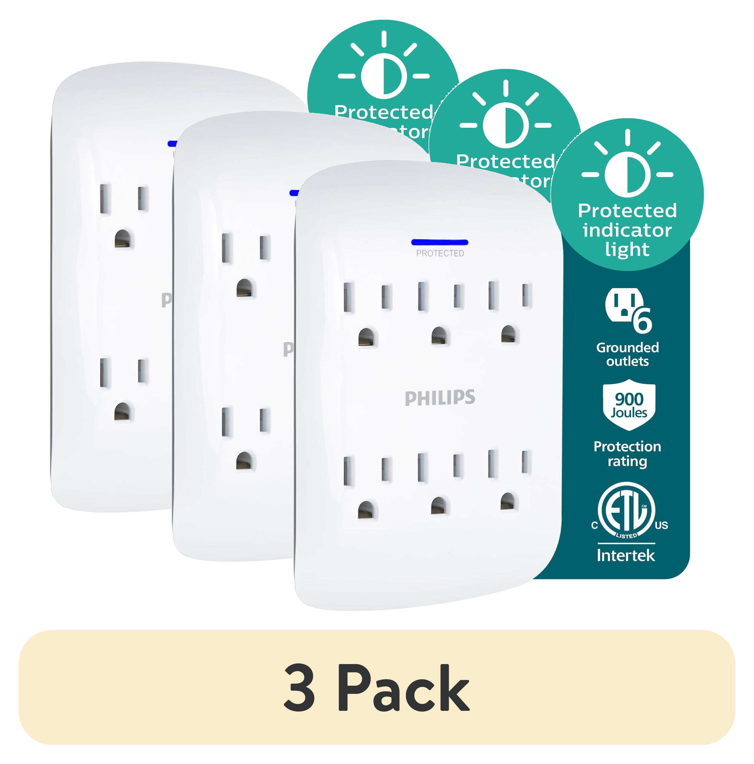 (3 pack) Philips 6-Outlet Surge Protector Tap, 900 Joules - SPP3461WA ...
