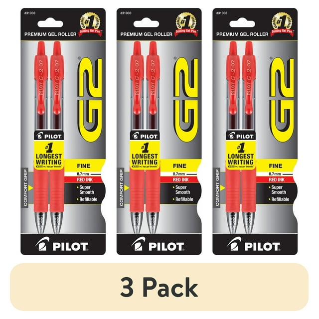 (3 pack) Pilot G2 Retractable Gel Roller Pens, Fine Point, Red, 2 Count ...