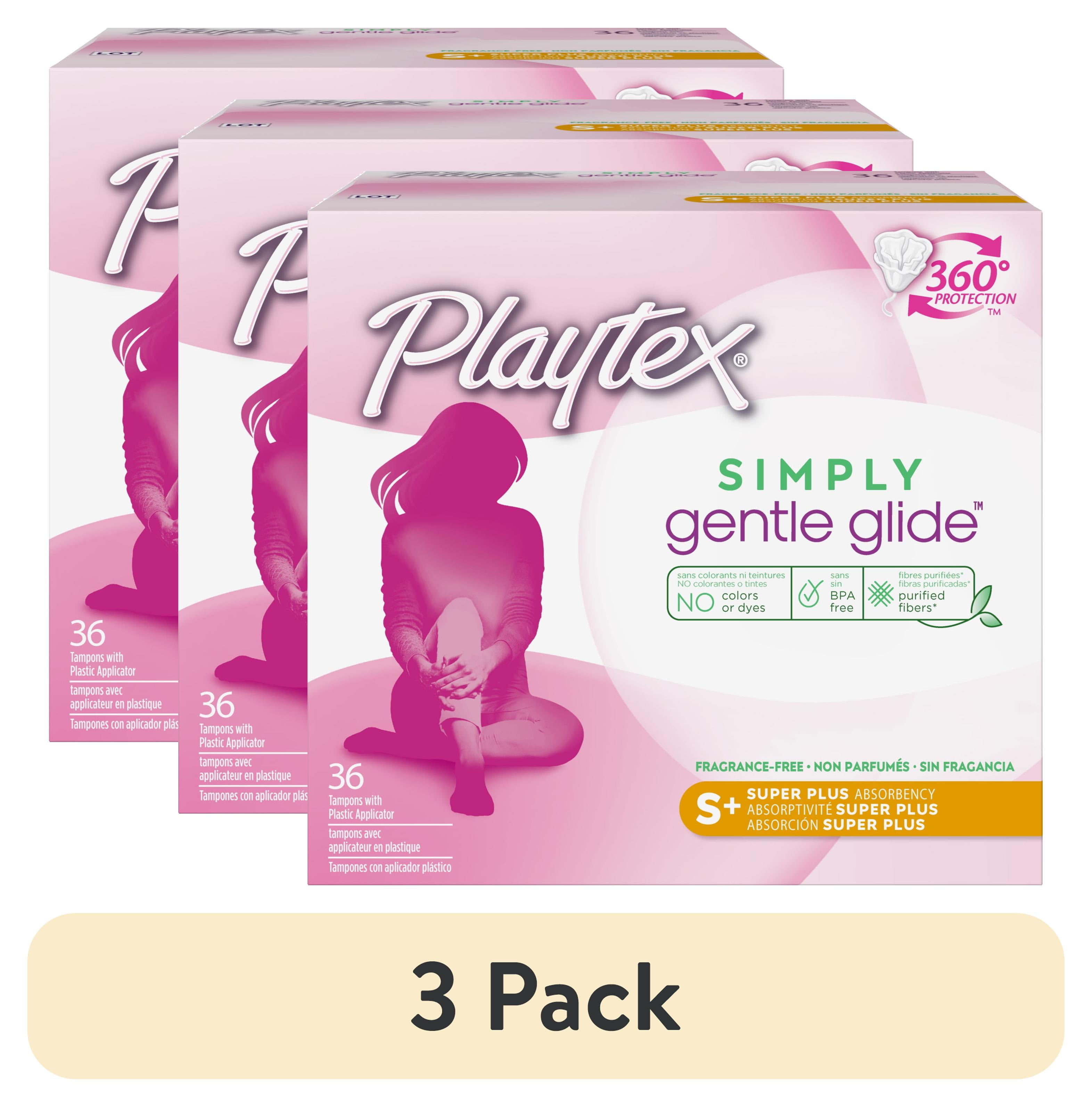 (3 pack) Playtex Simply Gentle Glide Tampons, Unscented, Super Plus, 36 ...