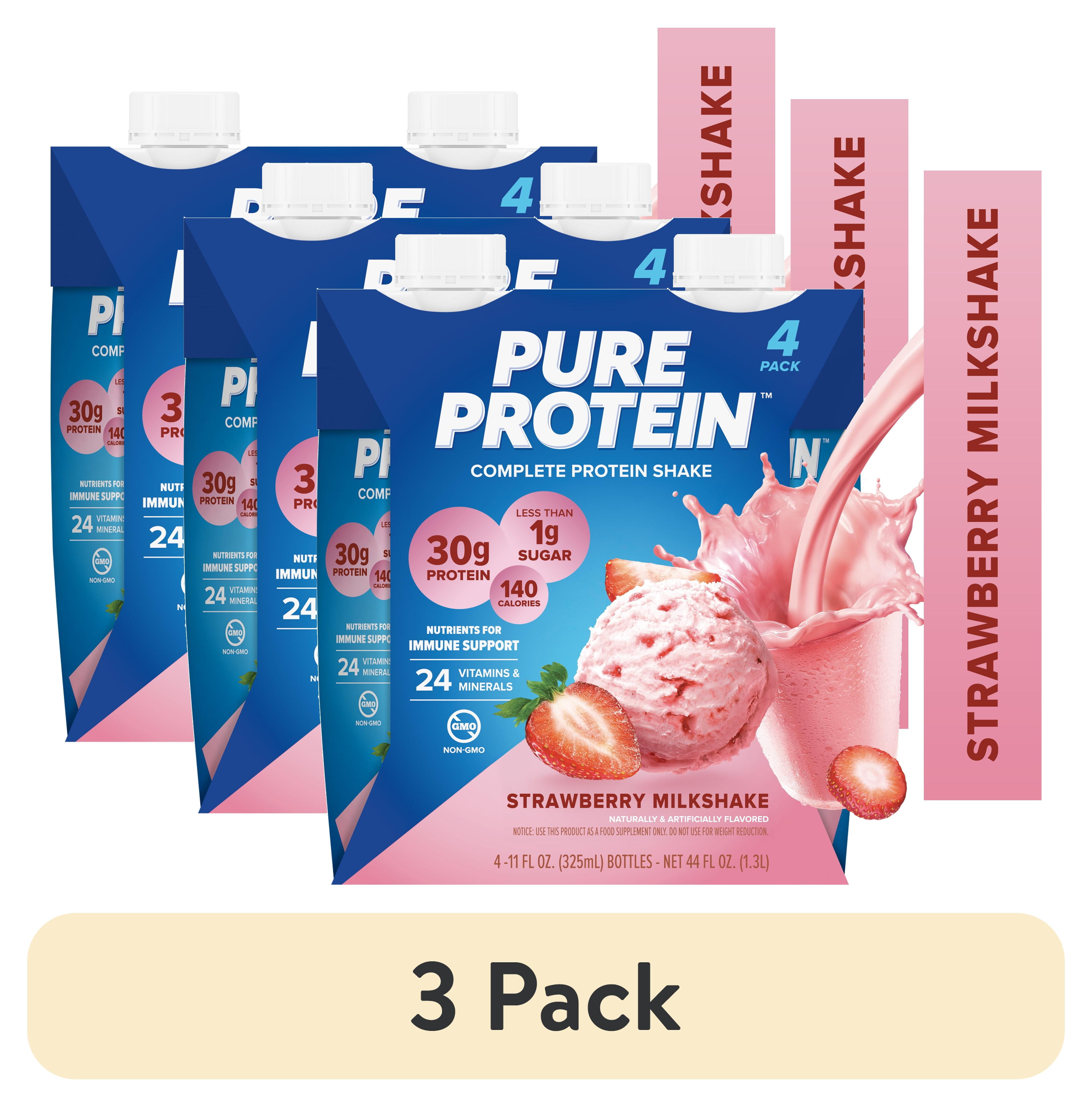 (3 pack) Pure Protein Strawberry Milkshake Complete Protein Shake, 11 ...
