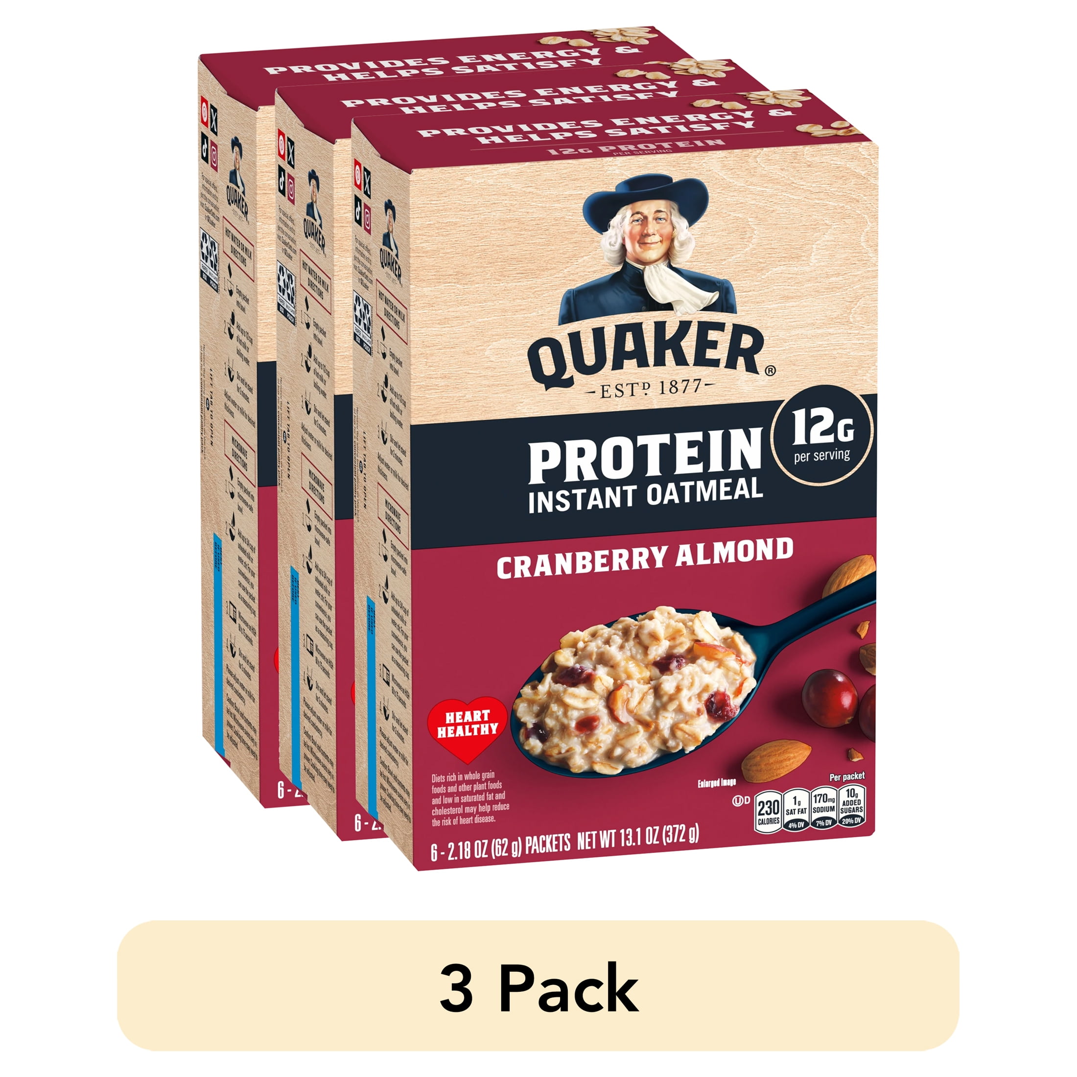 (3 pack) Quaker Protein Instant Oatmeal, Cranberry Almond, 12g Protein ...