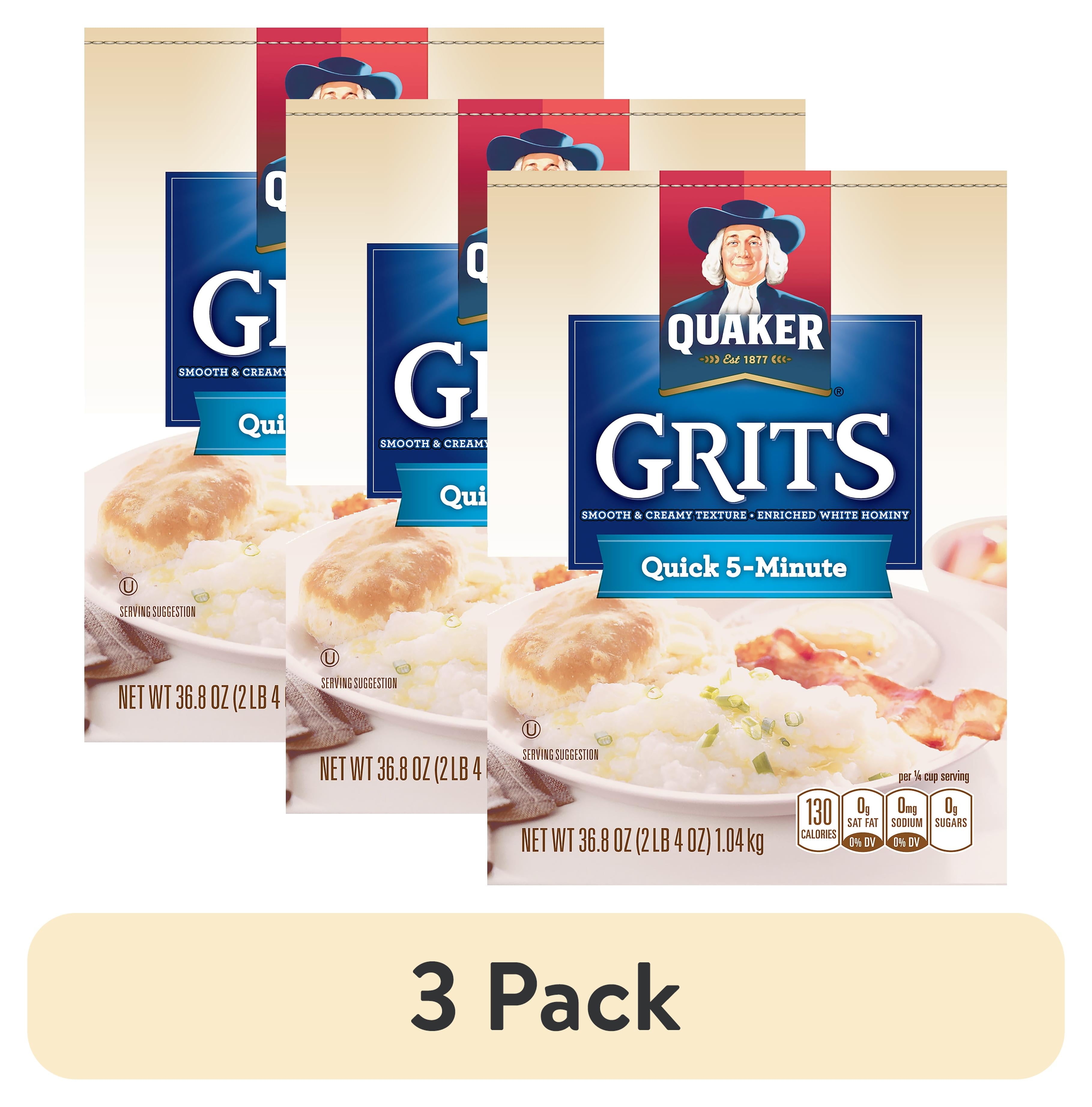 (3 pack) Quaker Quick-5 Minute Grits Enriched White Hominy Corn, 36.8 ...