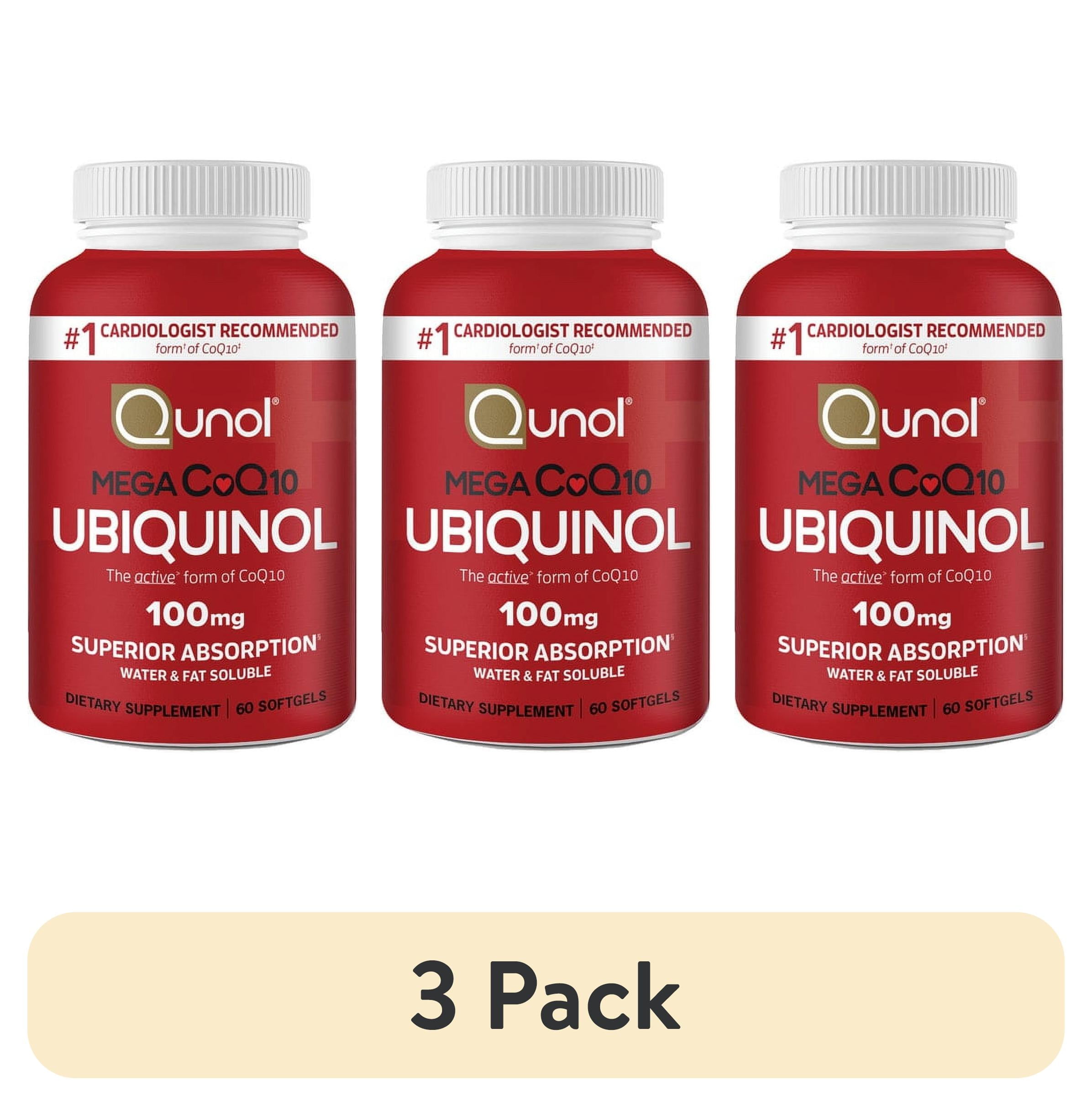 (3 pack) Qunol Mega Ubiquinol CoQ10 Softgels, 100mg, Antioxidant Supplement for Heart Health, 60 ...
