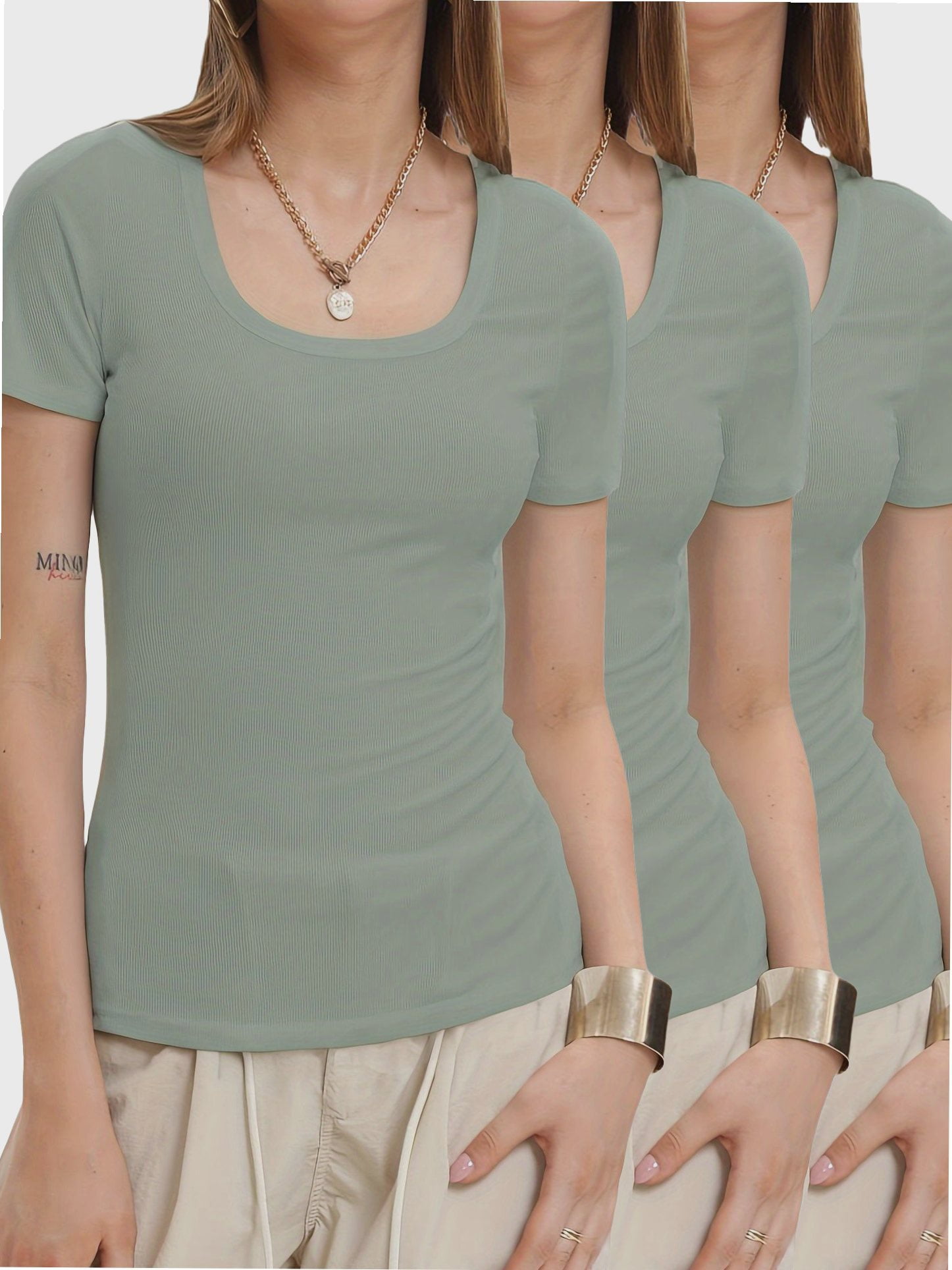 3-pack Sage green Women's Summer Scoop Neck Short Sleeve T-Shirts Ribbed Knit Slim Fitted Casual ...