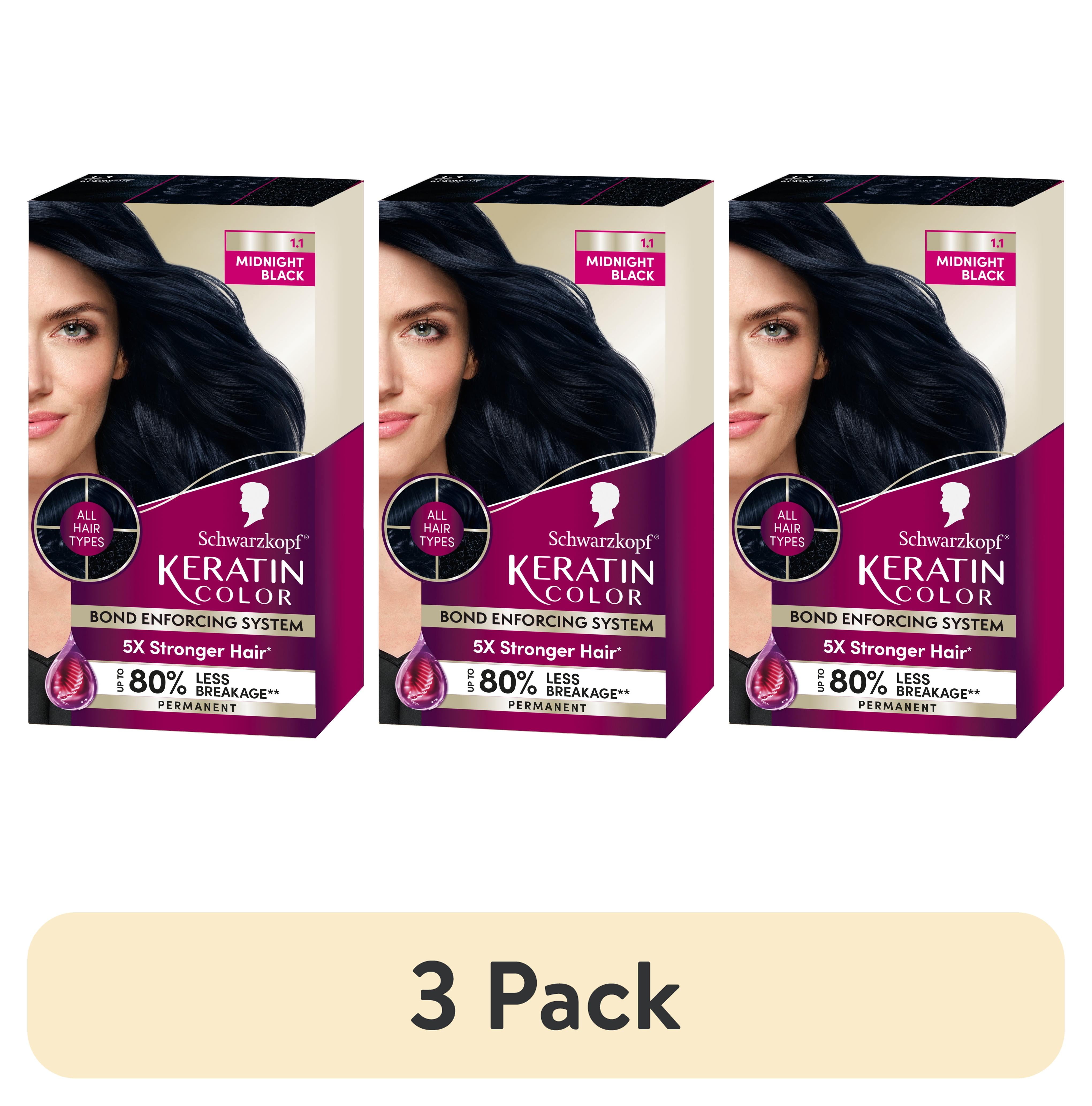 (3 pack) Schwarzkopf Keratin Color Permanent Hair Color, 1.1 Midnight Black, 1 Application ...