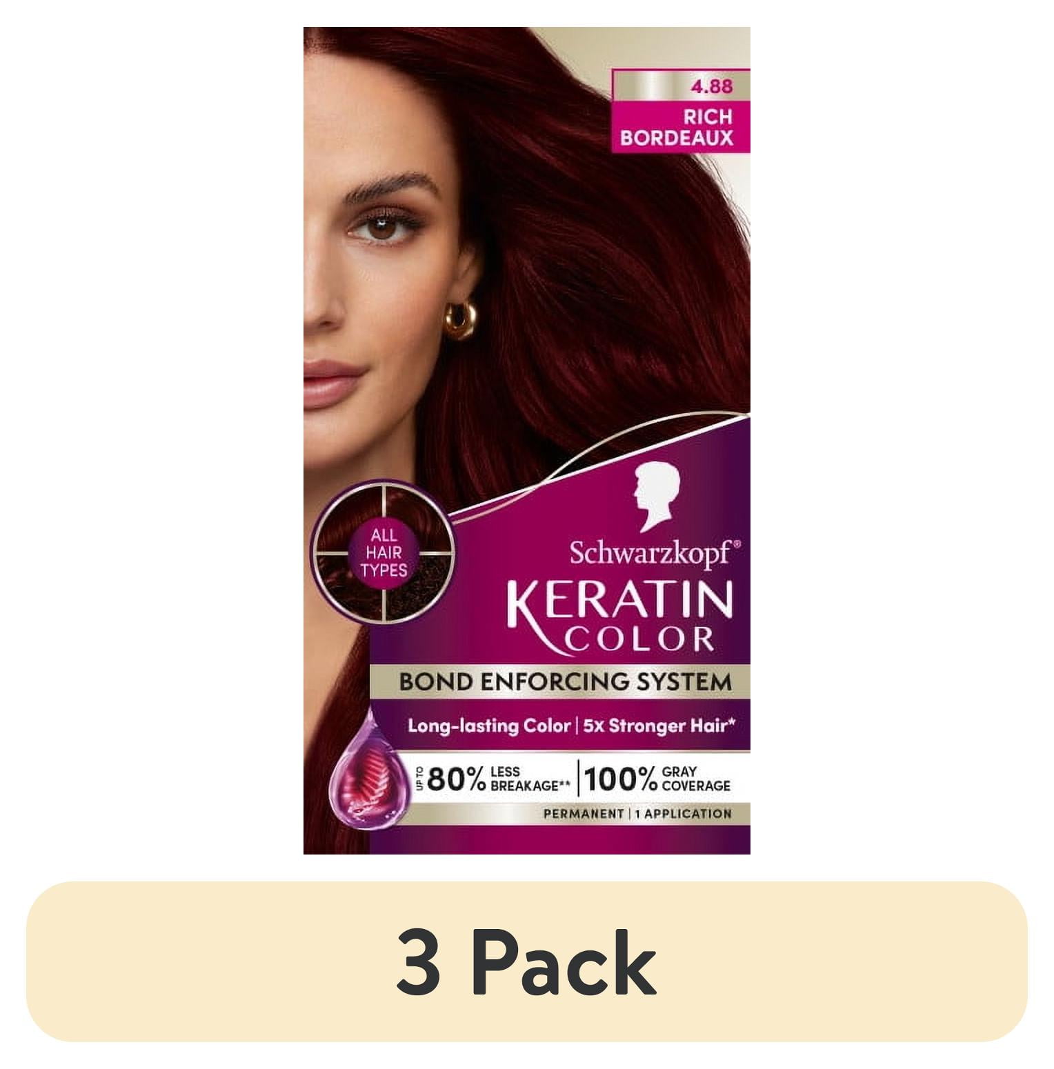 (3 pack) Schwarzkopf Keratin Color Permanent Hair Color, 4.8 Rich Bordeaux, 1 Application ...