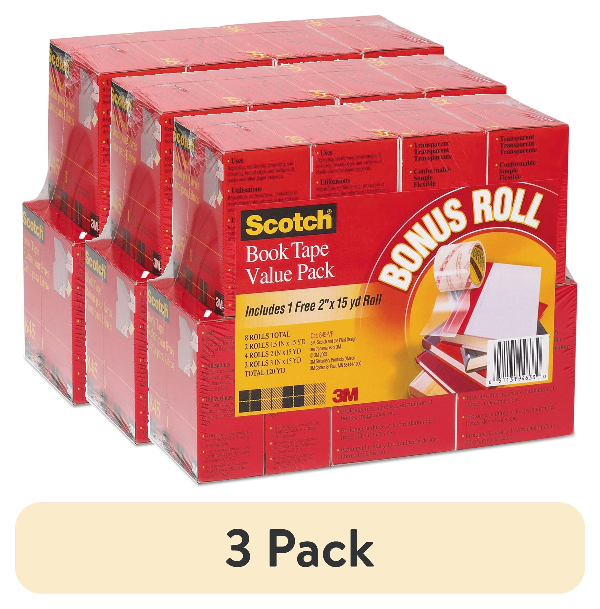 (3 pack) Scotch Book Tape Value Pack, 3" Core, (2) 1.5" x 15 yds, (4) 2 ...
