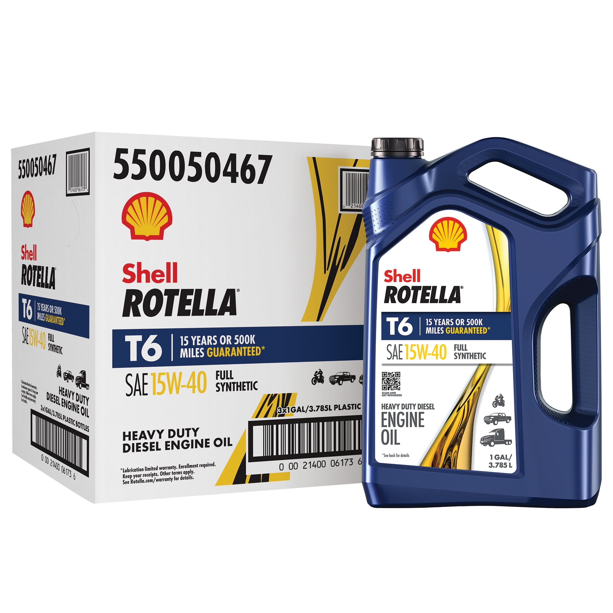 (3 pack) Shell Rotella T6 Full Synthetic 15W-40 Diesel Engine Oil, 1 ...