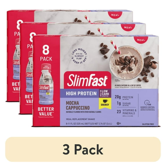 (3 pack) SlimFast Meal Replacement Energy High Protein Shake, Mocha Cappuccino, 11 Fl Oz Bottle ...