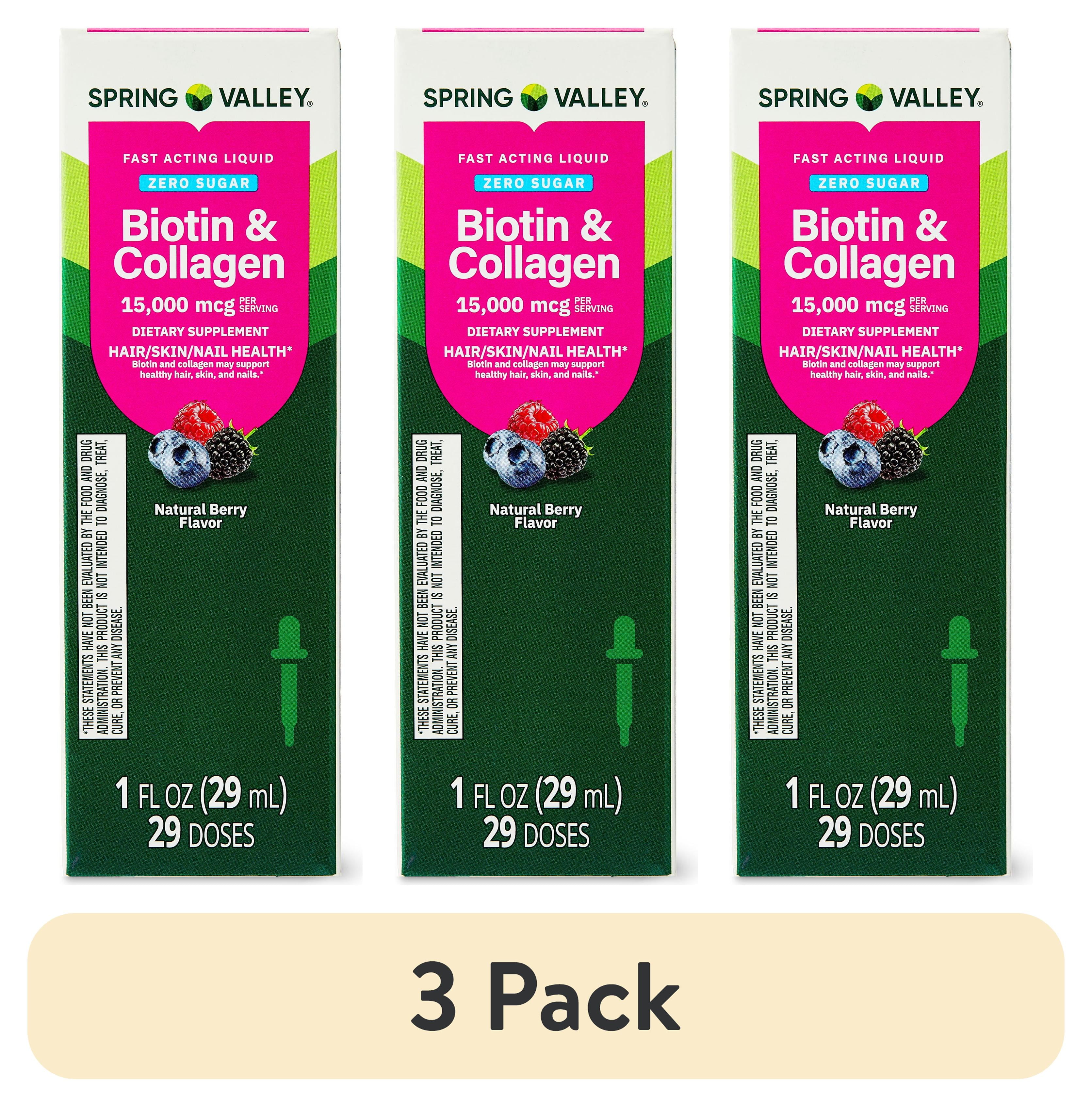 (3 pack) Spring Valley Biotin & Collagen Liquid, 1 fl oz, 15000 Mcg ...