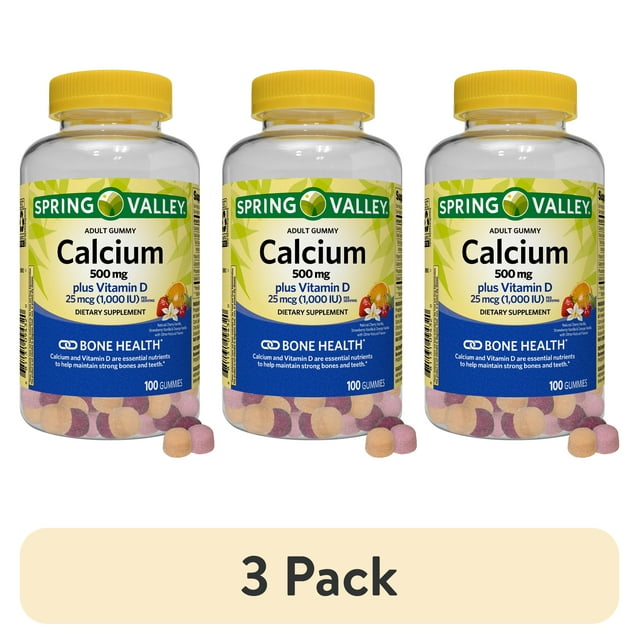 (3 pack) Spring Valley Calcium 500 mg Plus Vitamin D 25 mcg Bone Health ...