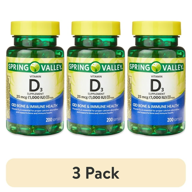 (3 pack) Spring Valley Vitamin D3 Supplement Softgels for Bone and ...