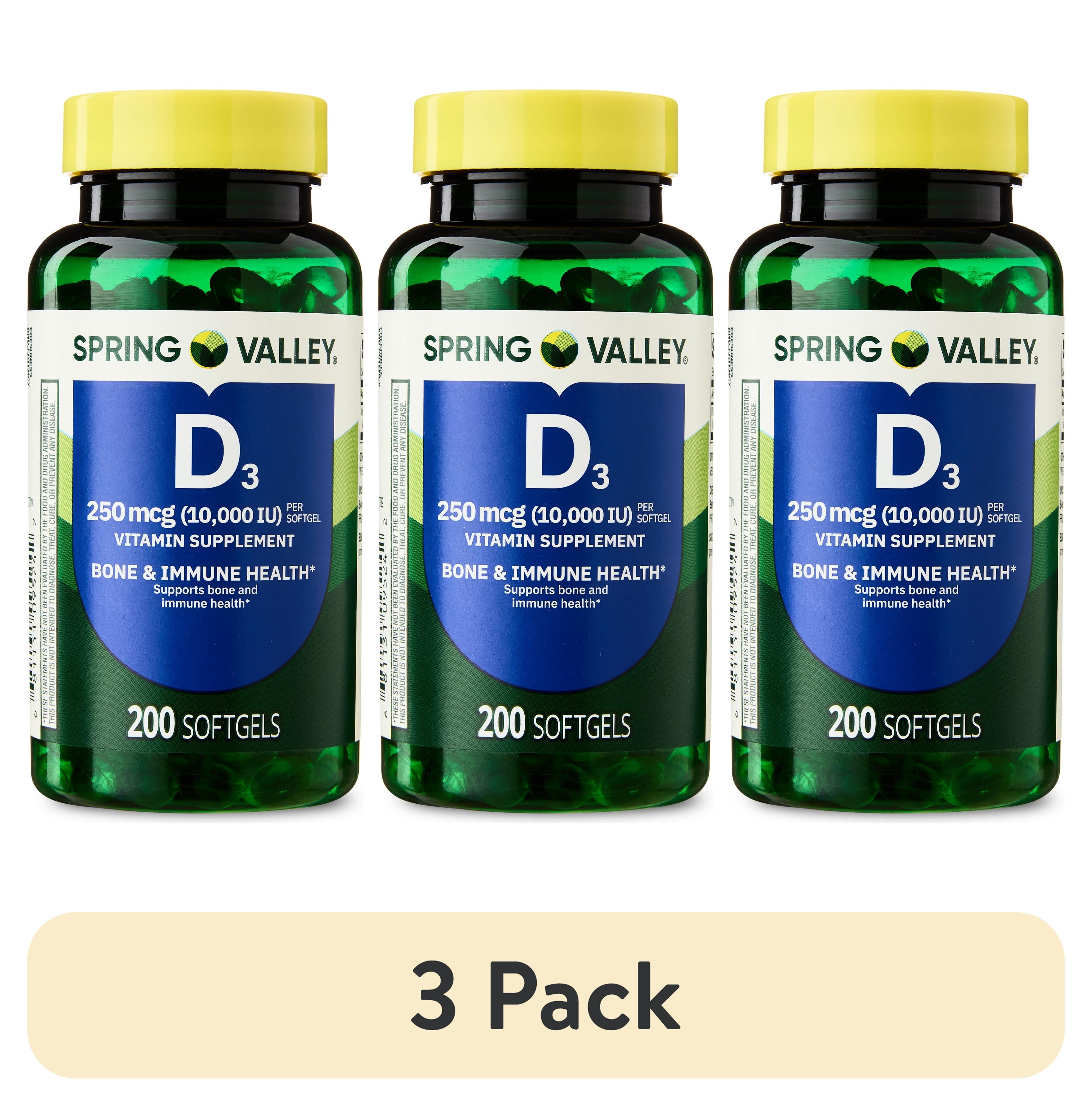(3 pack) Spring Valley Vitamin D3 Softgels, 250 mcg (10,000 IU), 200 ...