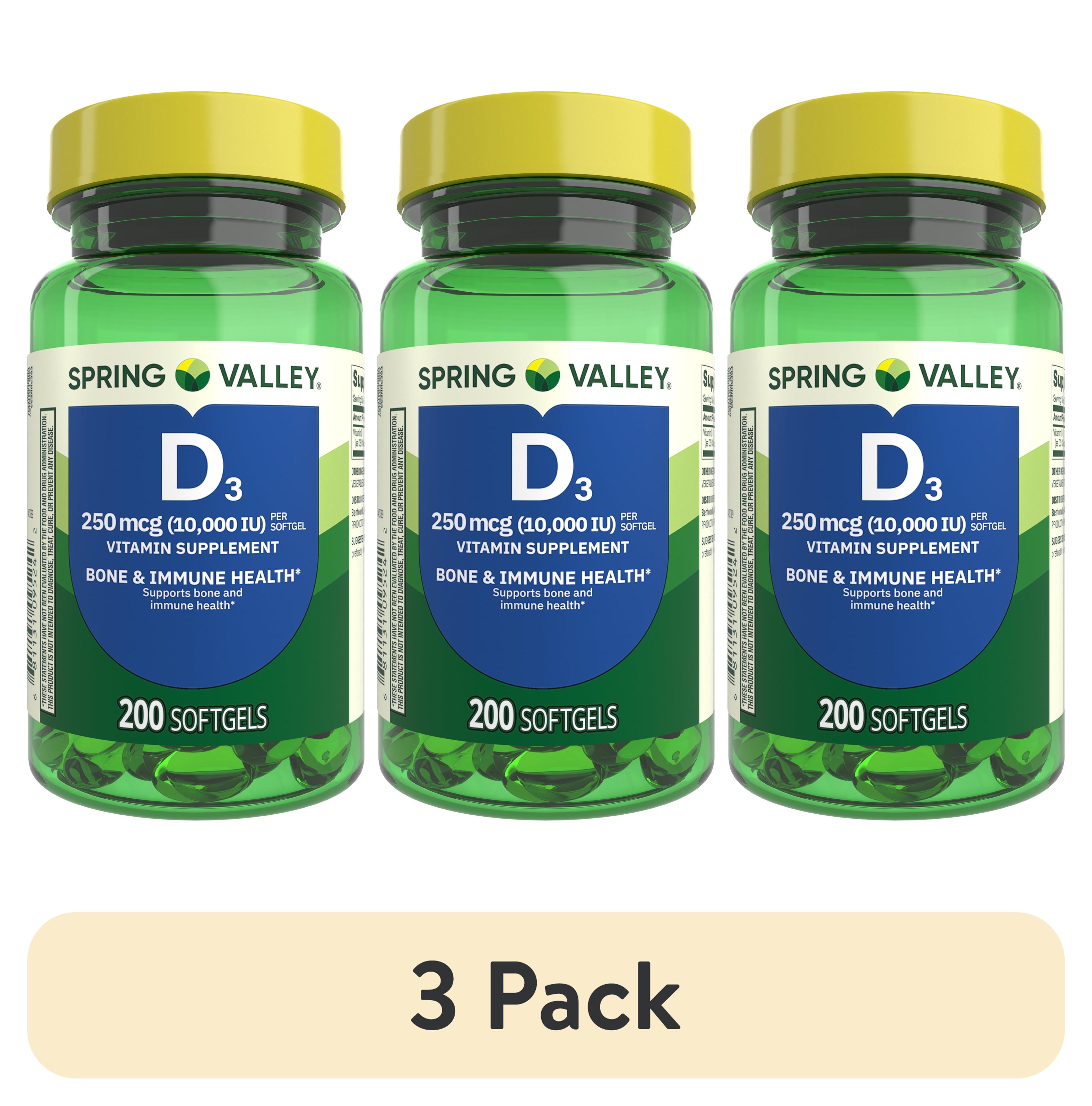 (3 pack) Spring Valley Vitamin D3 Softgels, 250 mcg (10,000 IU), 200 ...