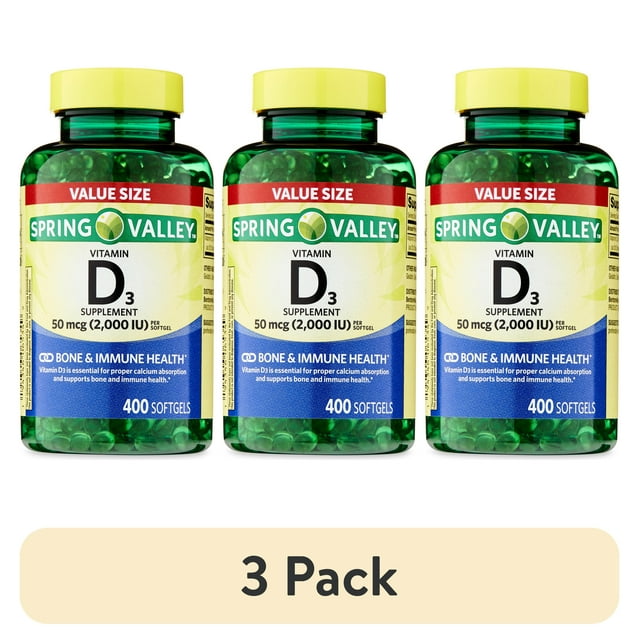 (3 pack) Spring Valley Vitamin D3 Supplement Softgels for Bone and ...