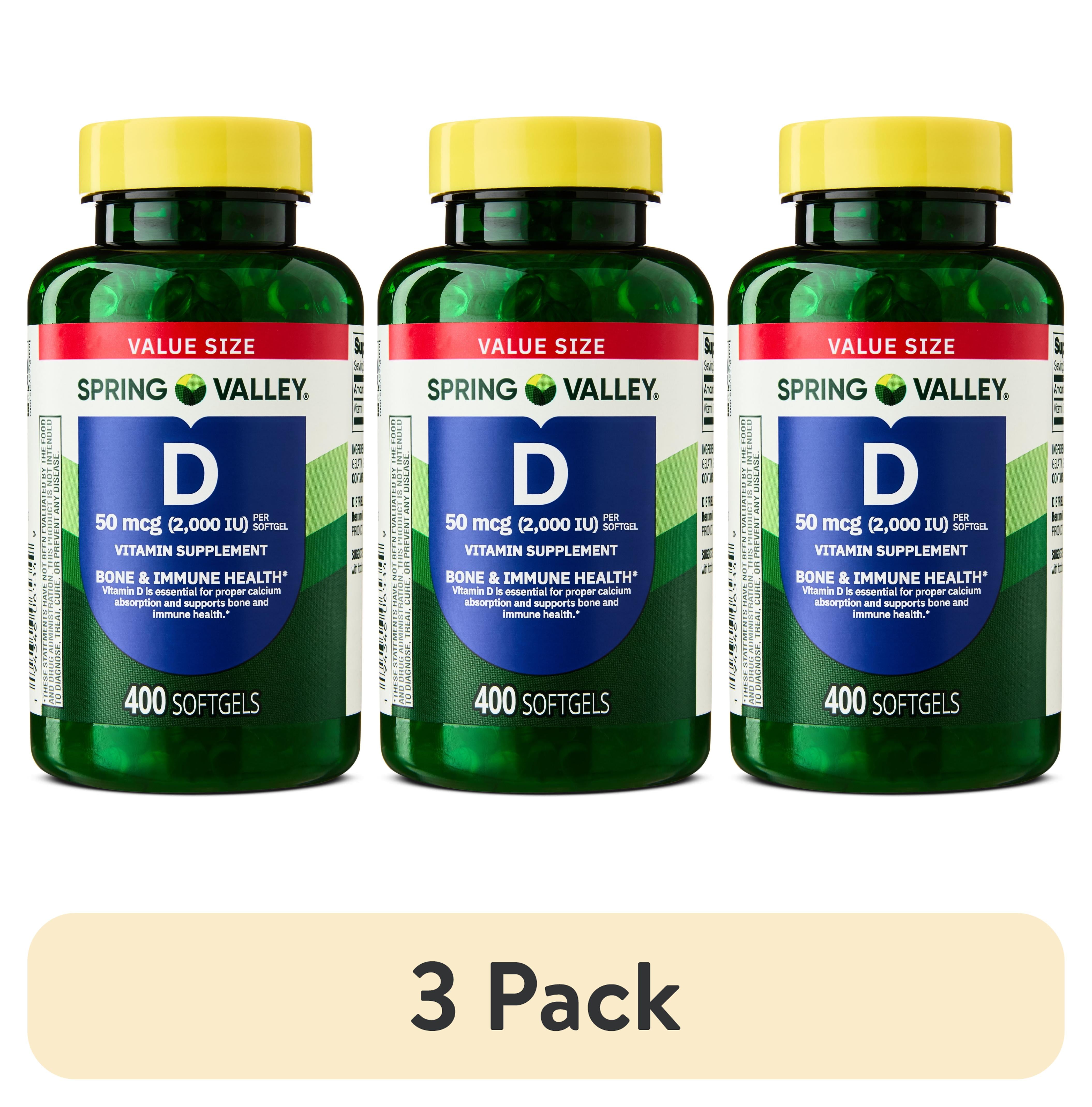 (3 pack) Spring Valley Vitamin D3 Softgels, 50 mcg (2,000 IU), 400 ...