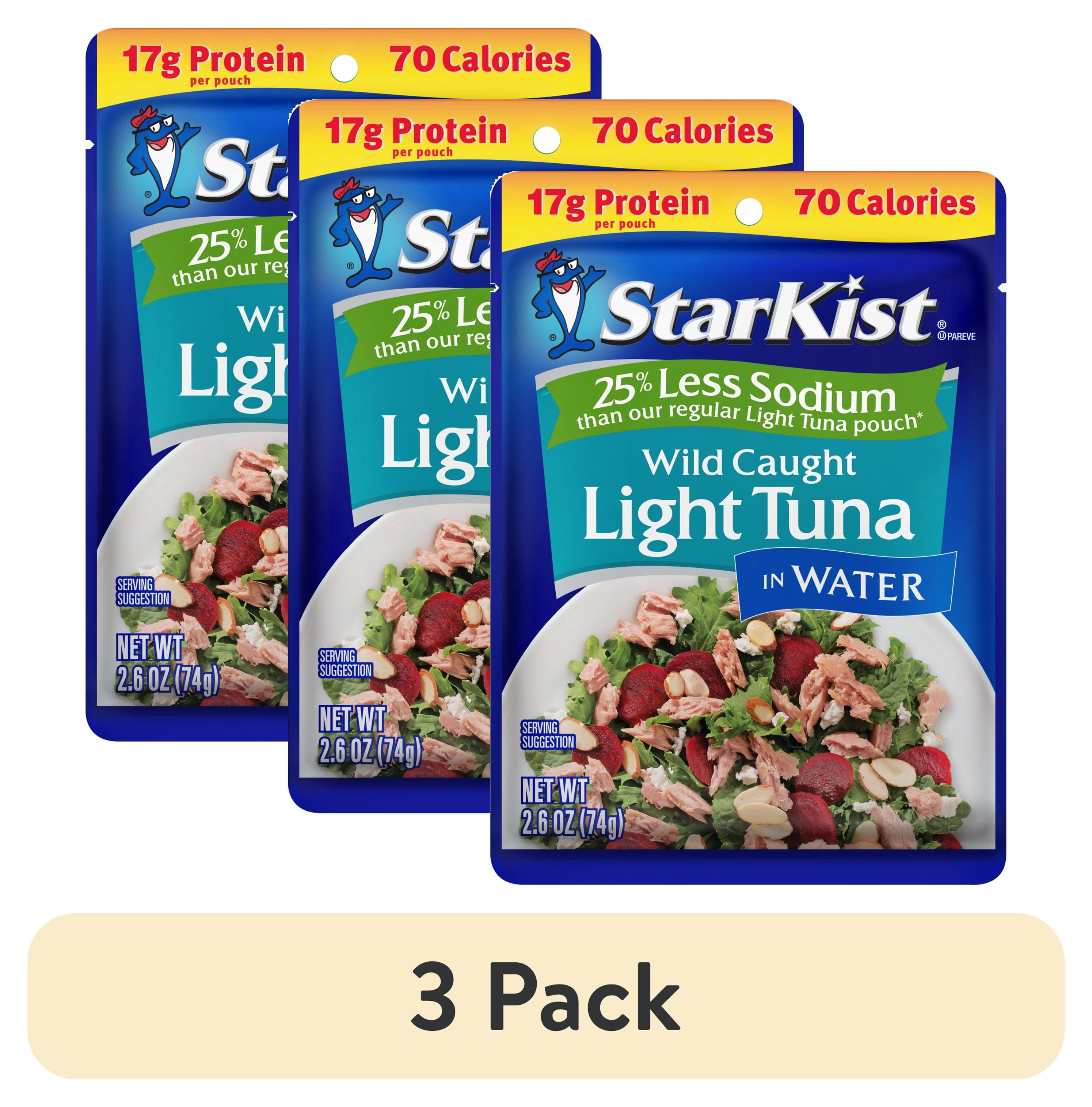 (3 pack) StarKist 25% Less Sodium Light Tuna in Water, 2.6 oz Pouch ...