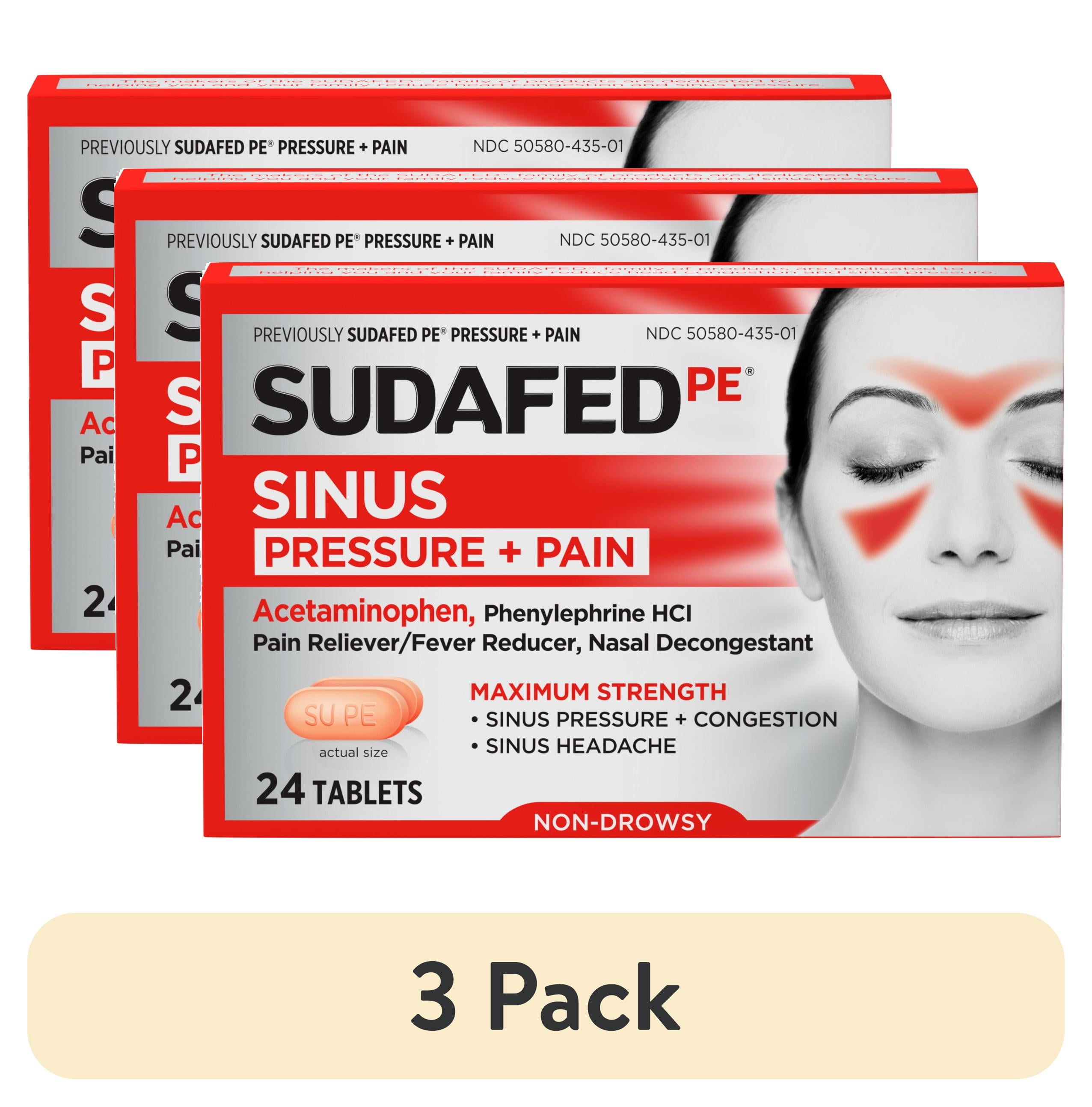 (3 pack) Sudafed PE Sinus Pressure + Pain Relief Decongestant Tablets ...