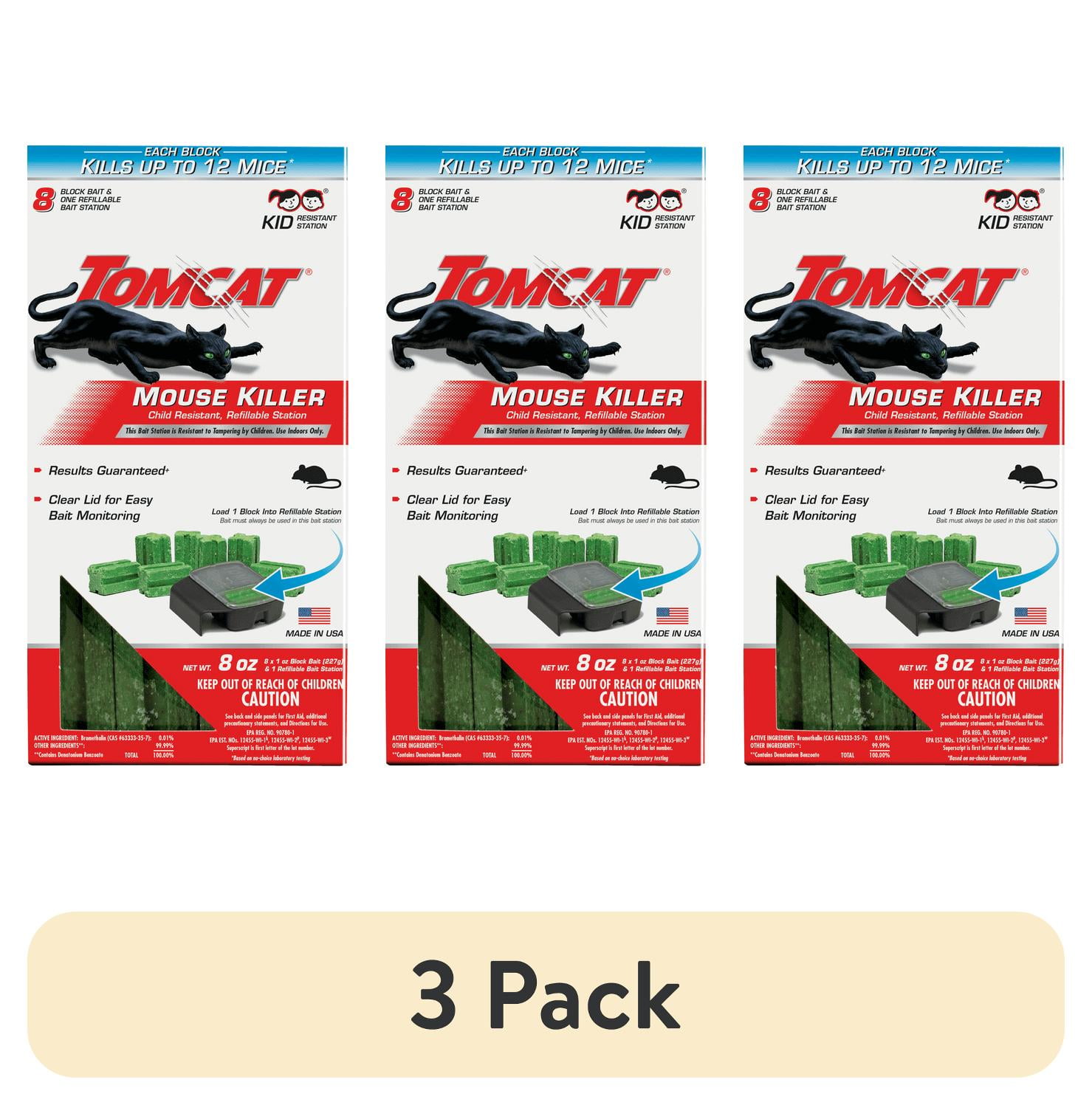 (3 pack) Tomcat Mouse Killer Child Resistant, Refillable Station with 8 Bait Block Refills ...