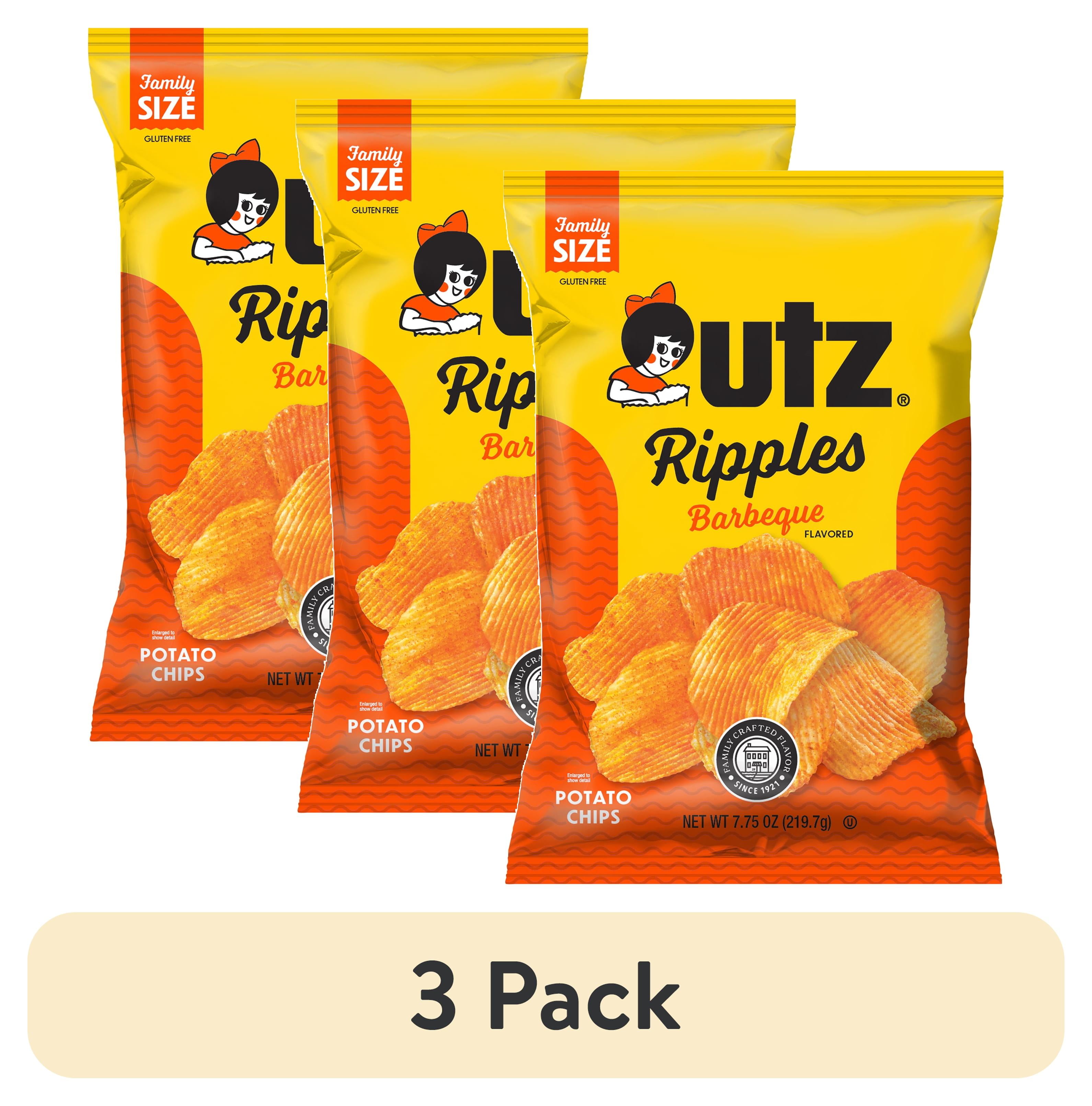 (3 pack) Utz Ripples Barbeque Potato Chips, Gluten-Free, Family Size, 7 ...