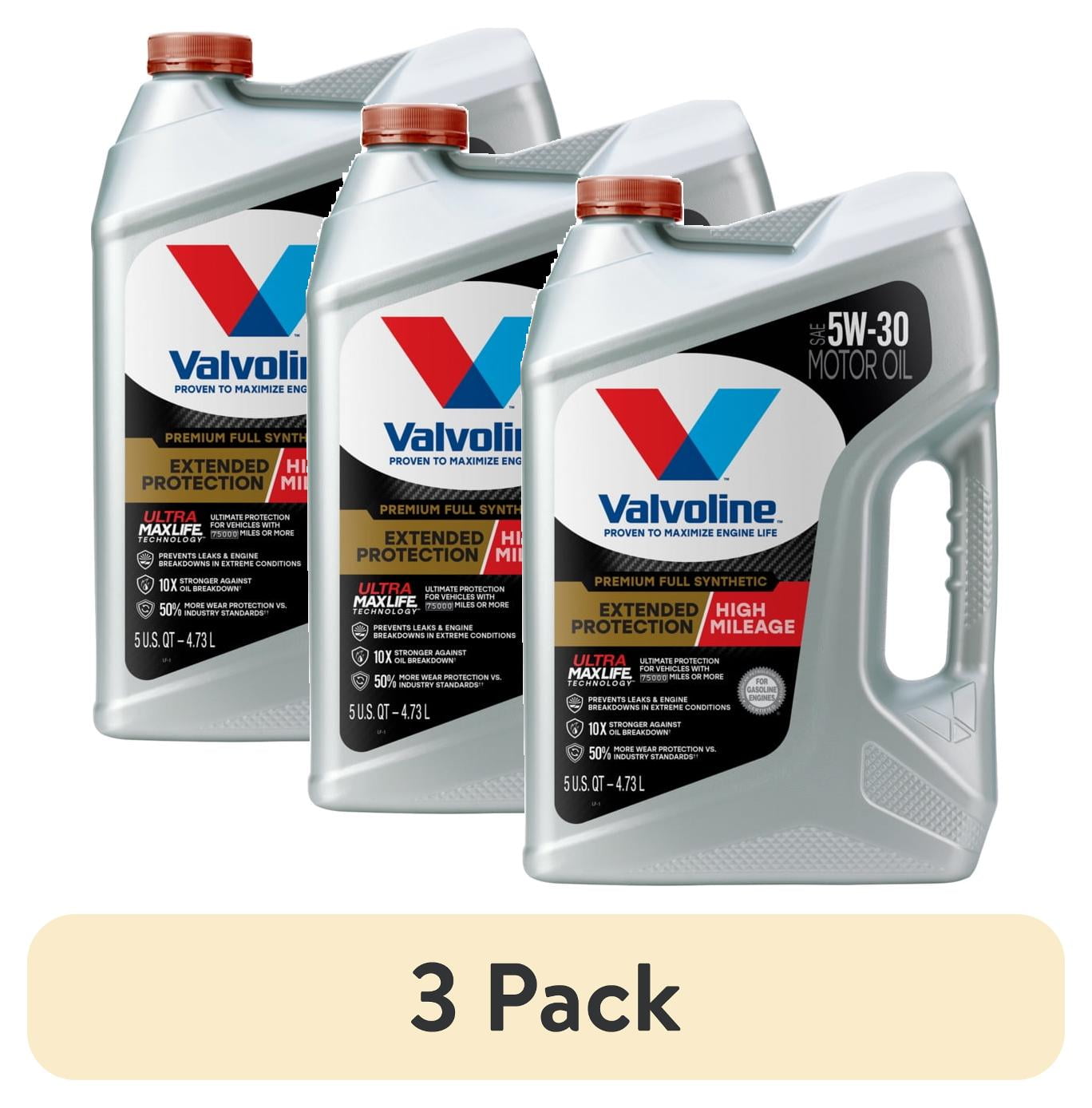 (3 pack) Valvoline Full Synthetic Extended Protection High Mileage 5W-30 Motor Oil 5 QT ...