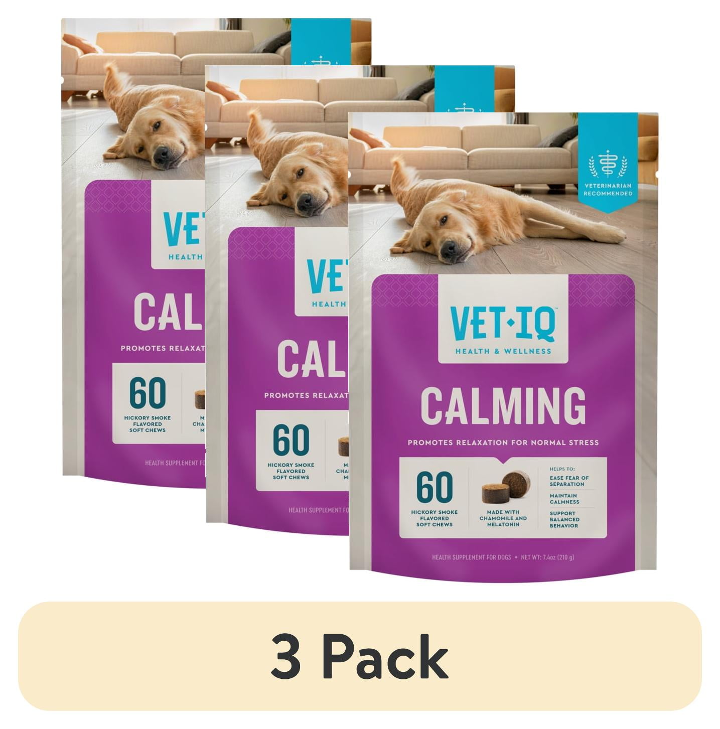 (3 pack) VetIQ Calming Support Supplement Soft Chews for Dogs, Hickory ...