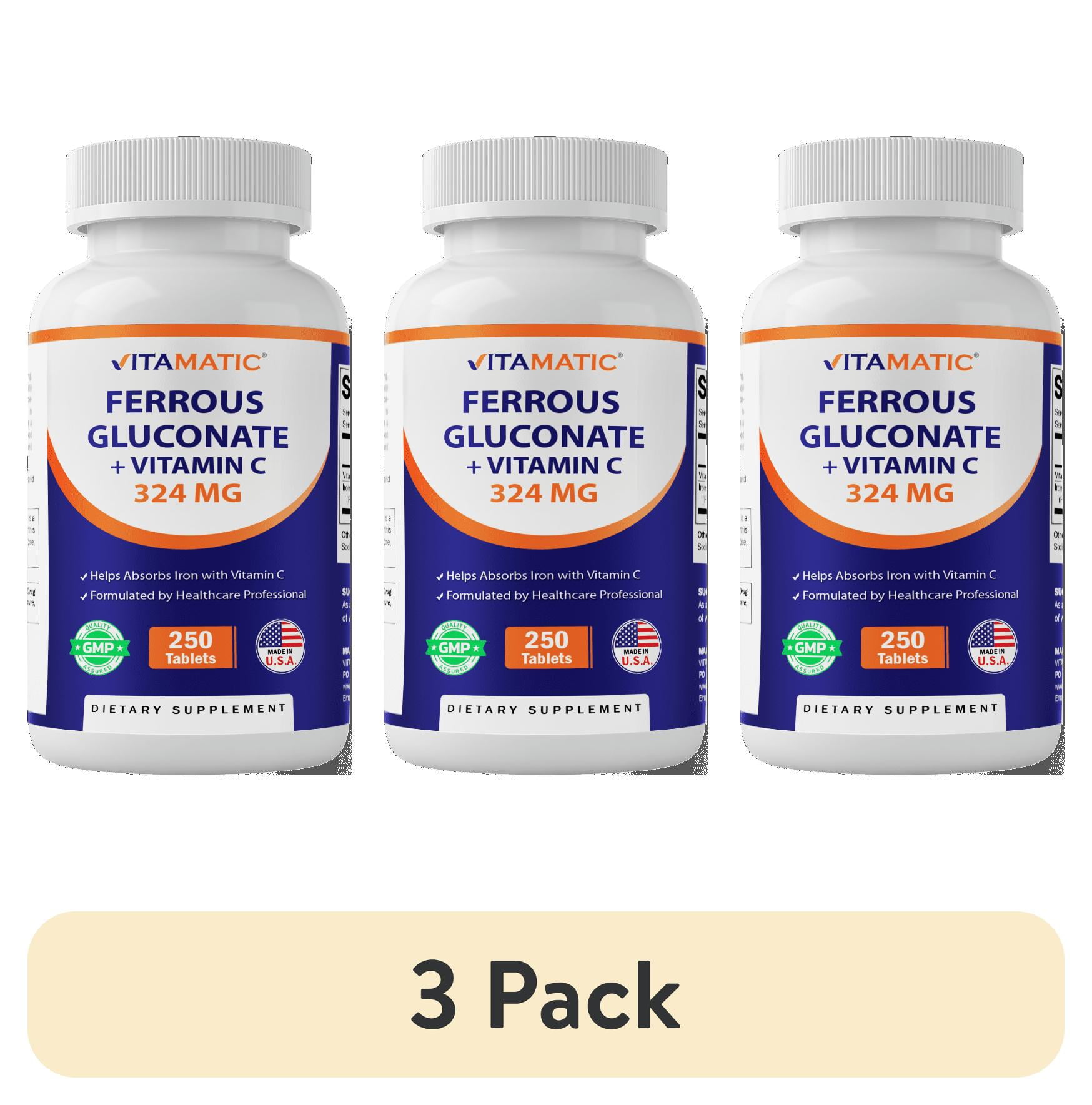 (3 pack) Vitamatic Ferrous Gluconate 324 mg + Vitamin C 100 mg - (65 mg ...