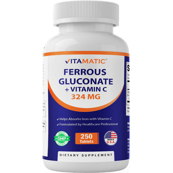 (3 pack) Vitamatic Ferrous Gluconate 324 mg + Vitamin C 100 mg - (65 mg ...