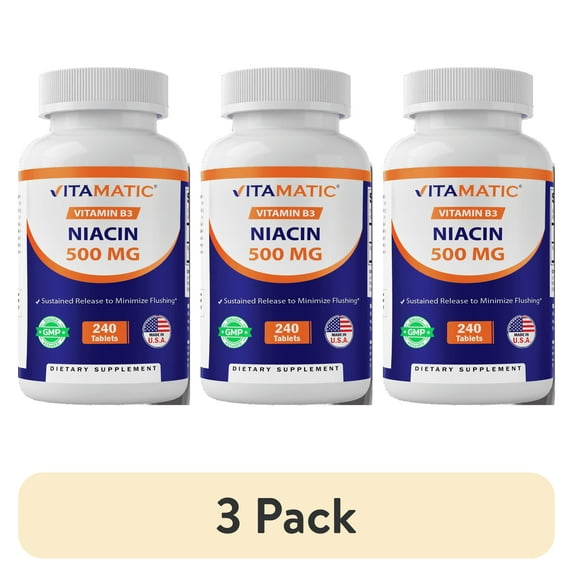 (3 pack) Vitamatic Niacin (Vitamin B3) 500mg, Sustained Release, 240 Tablets - Non-GMO & Gluten ...