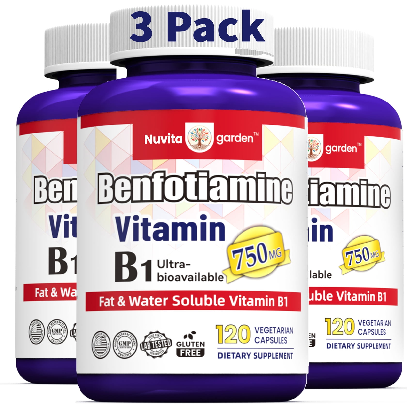 3 pack Vitamin B1 Thiamine 750mg - Supports Energy Metabolism, Nervous ...