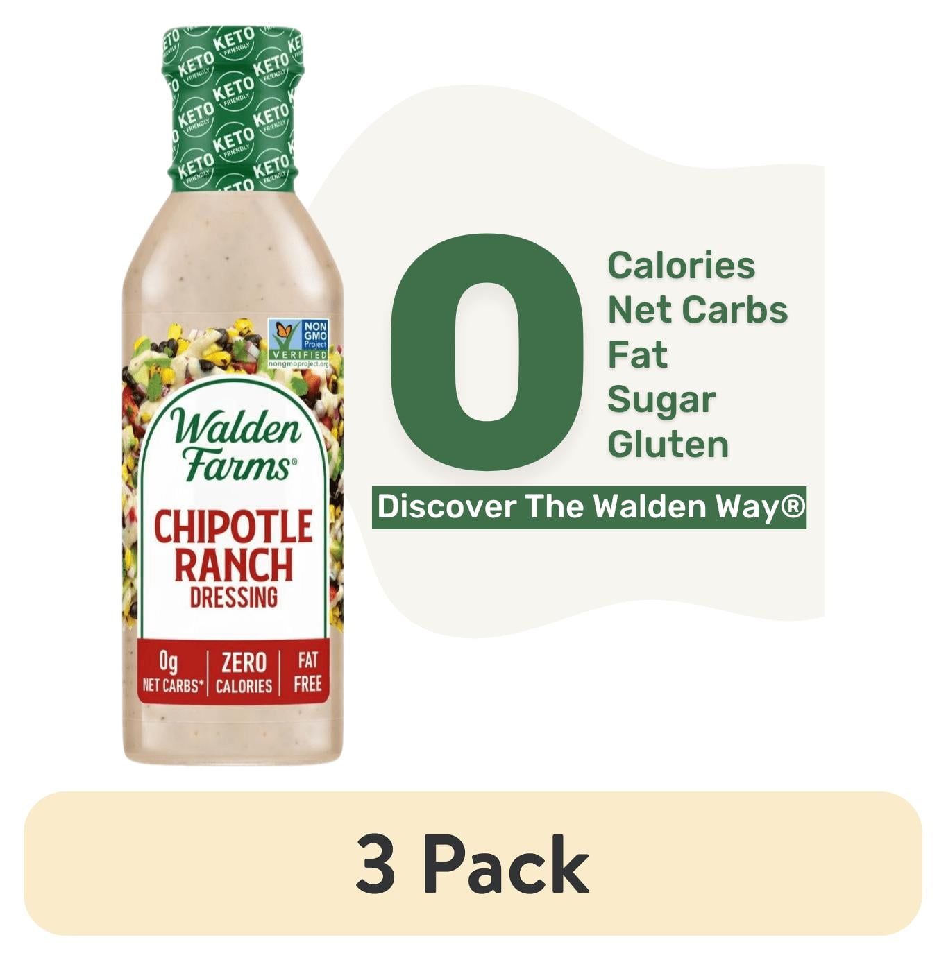 (3 pack) Walden Farms Chipotle Ranch Dressing, 12 oz. Bottle, Fresh and ...
