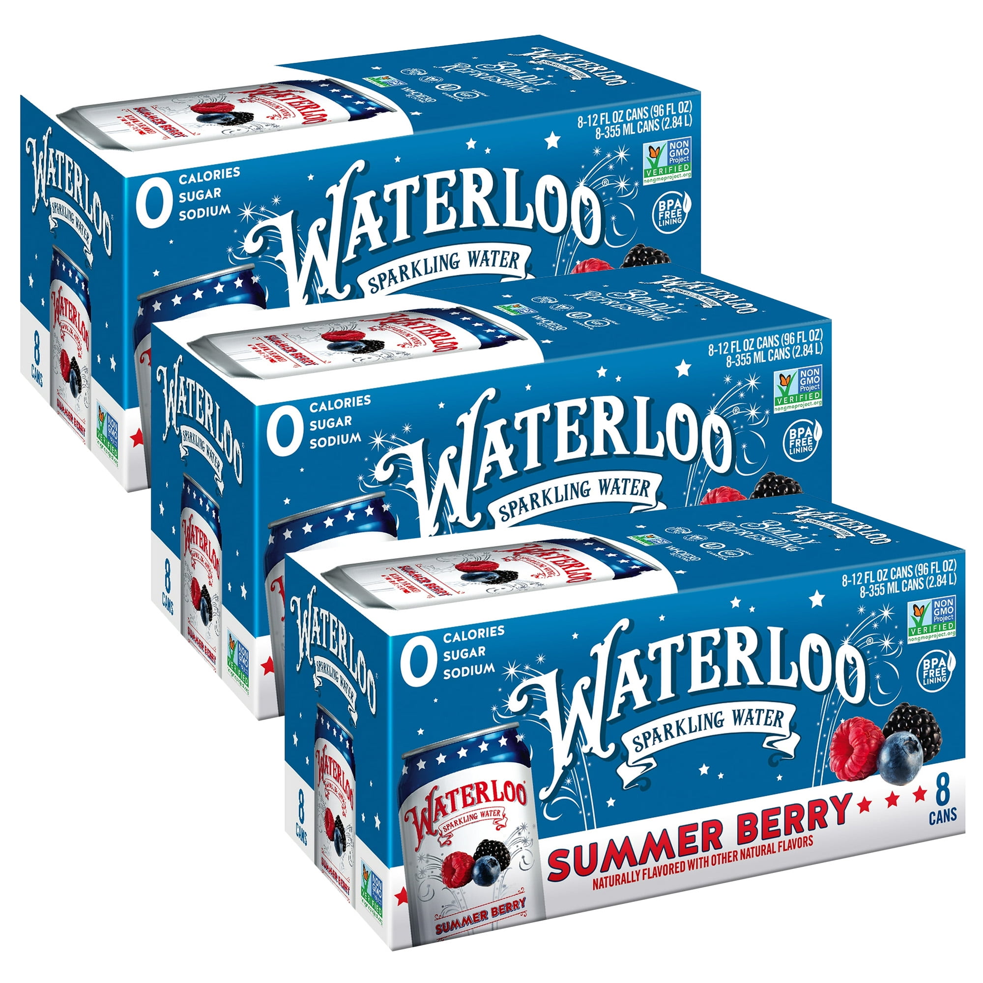 (3 pack) Waterloo Sparkling Water, Summer Berry, 12 fl oz, 8 pack cans ...