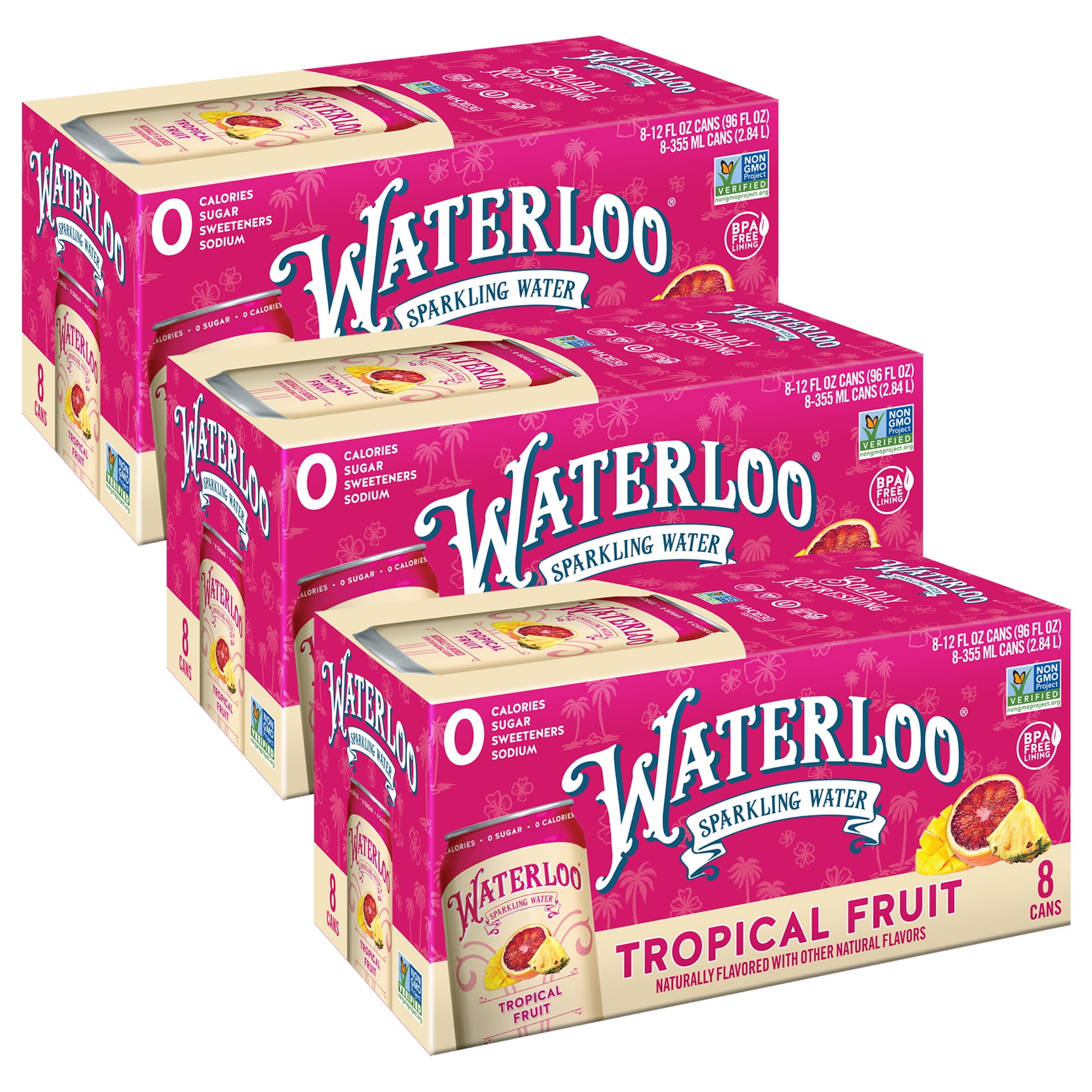 (3 pack) Waterloo Sparkling Water, Tropical Fruit, 12 fl oz, 8 pack ...