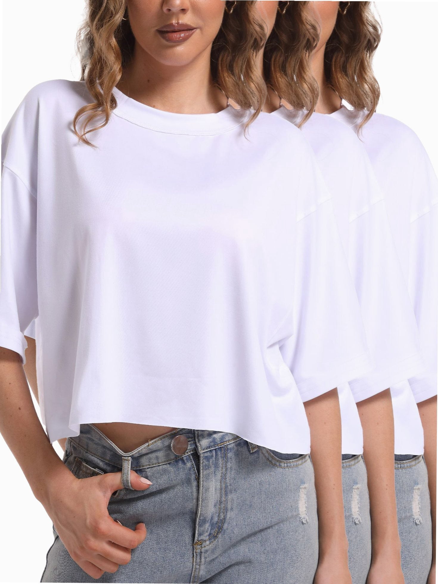3-pack White Women's Comfy Basic Workout Gym Short Sleeve Crop Tops ...