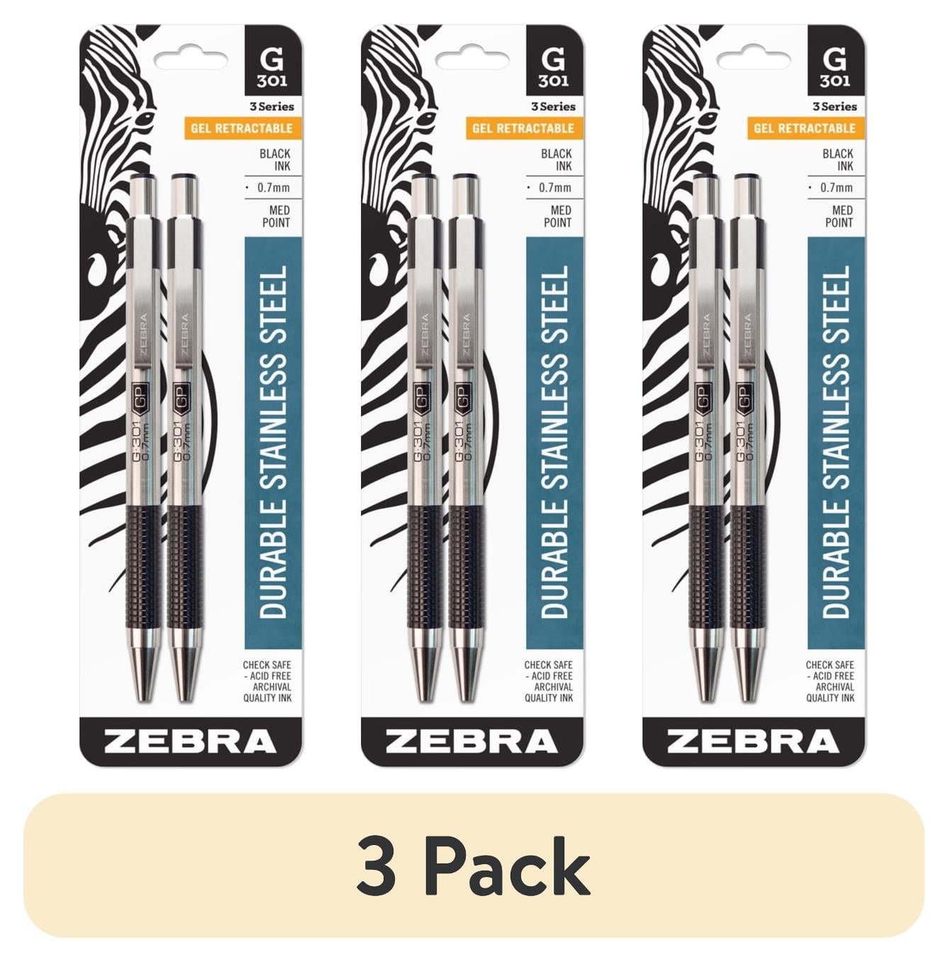 (3 pack) Zebra G-301 Stainless Steel Retractable Gel Pen, 0.7mm, Black ...