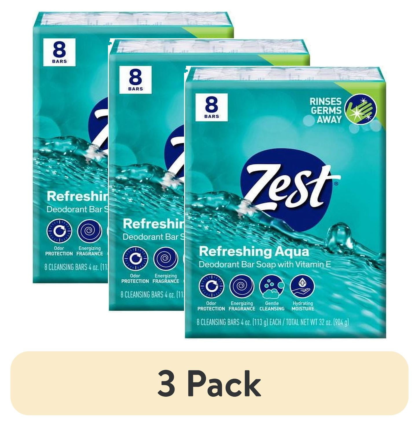 (3 pack) Zest Deodorant Bar Soap, Hydrating Moisture for All Skin Types, Aqua, 4 oz, 8 Bars ...