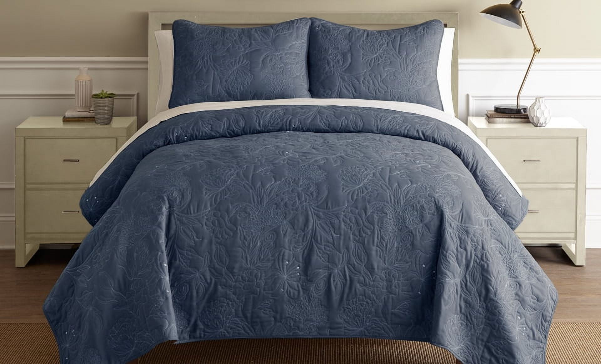 3 pc Embroidered quilt set Indigo/White Queen - Walmart.com
